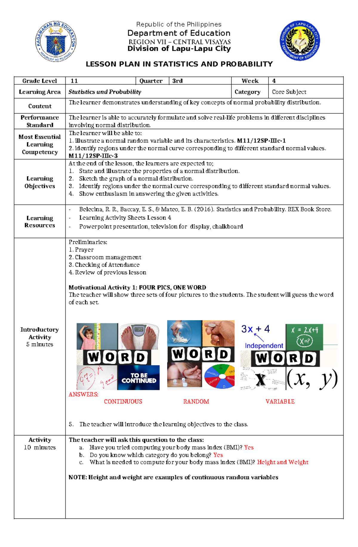 Lesson Plan on Normal Distribution for Grade 11 Statistics (M11/12SP ...