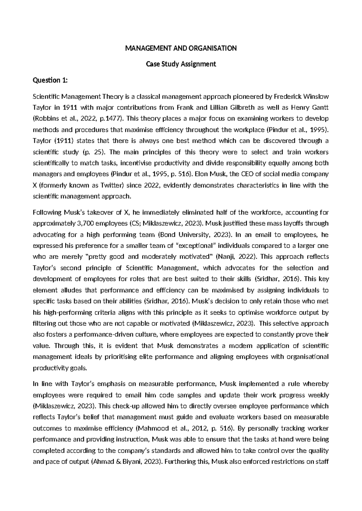MANAGEMENT AND ORGANISATION Case Study: Scientific Management Theory ...