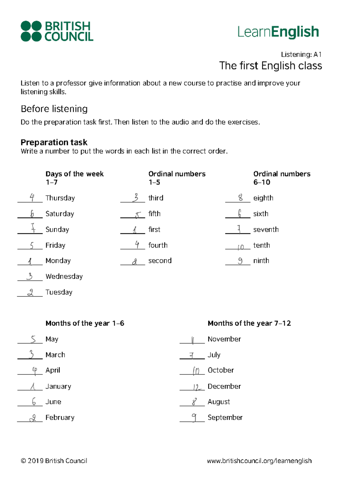 Learn English Listening A1: First Class Overview and Tasks - Studocu