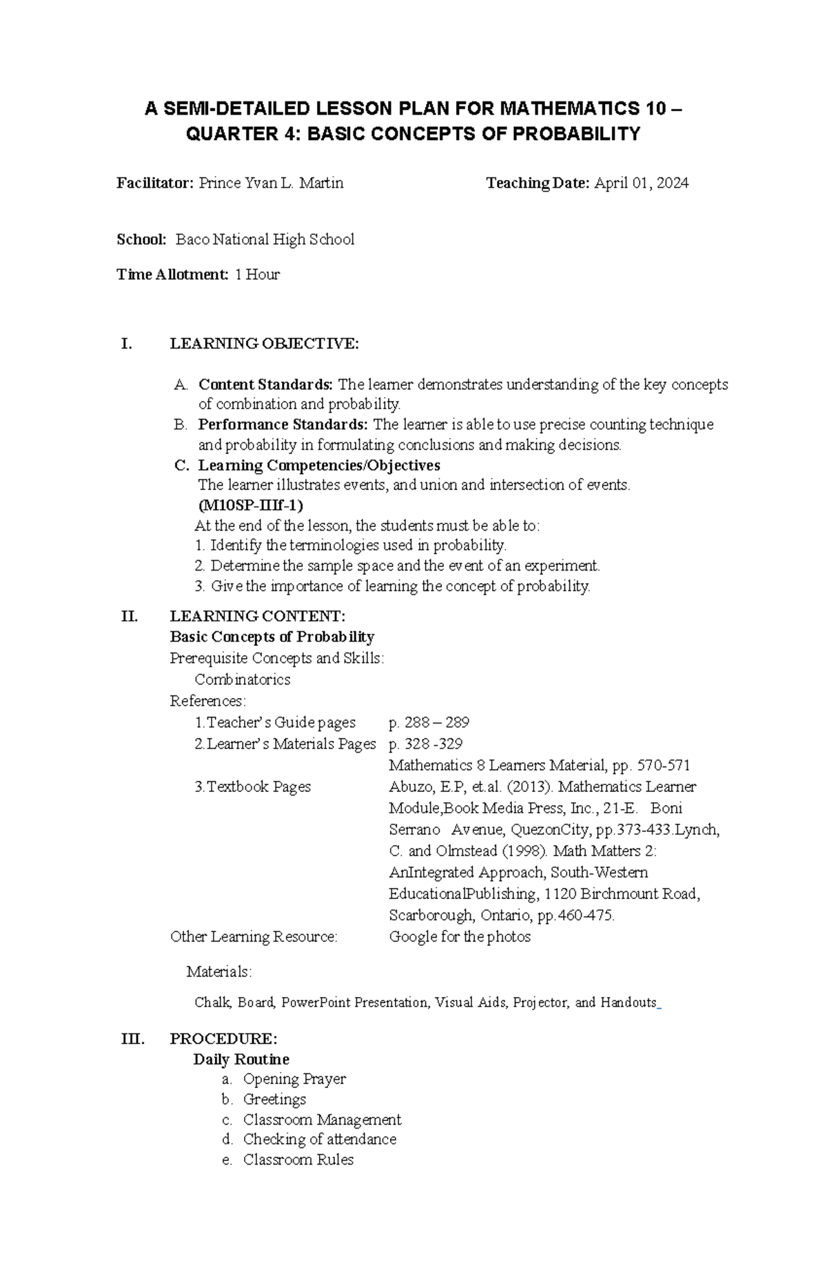 Mathematics 10 - Lesson Plan for Basic Probability Concepts - Studocu