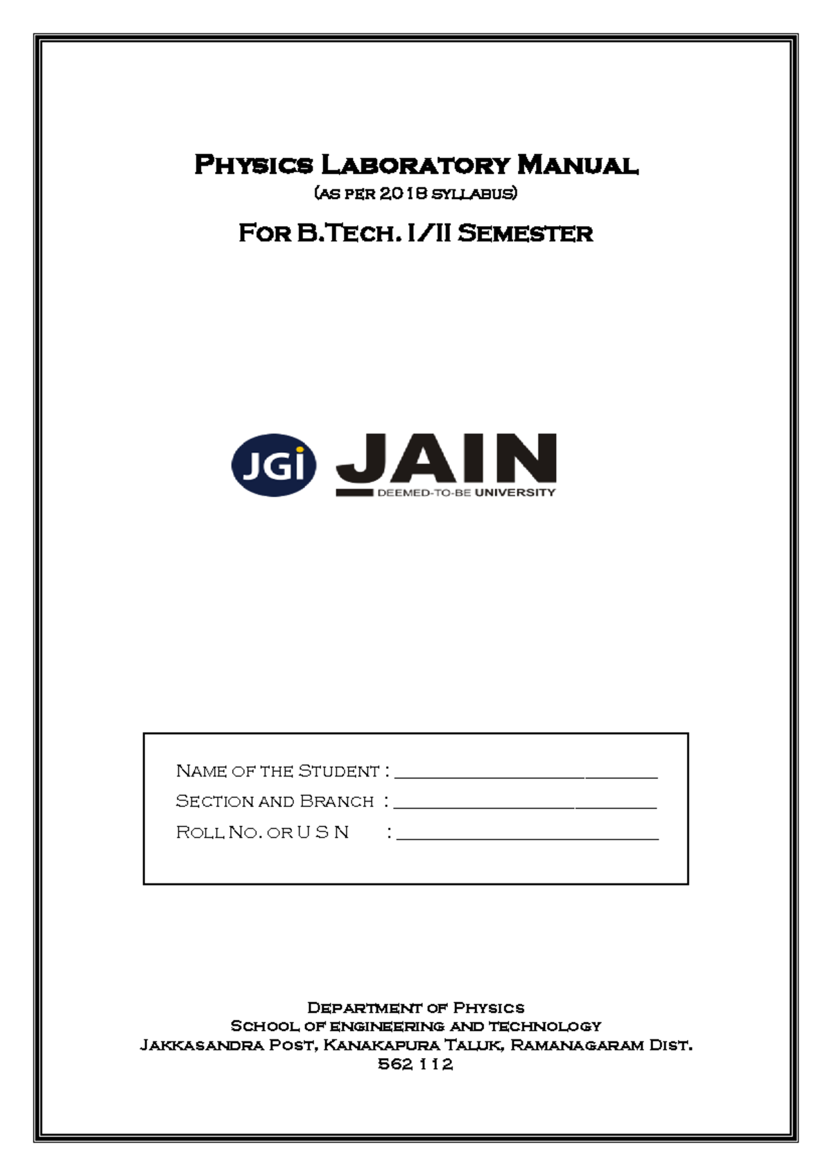 Physics Lab Manual - Physics Laboratory Manual (as per 2018 syllabus) For B. I/II Semester Name ...