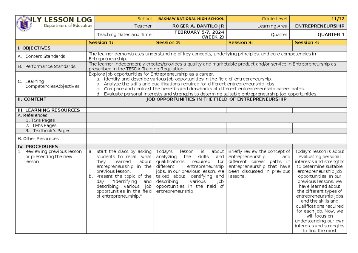 ENTREPRENEURSHIP LESSON 2: JOB OPPORTUNITIES & SKILLS ANALYSIS - Studocu