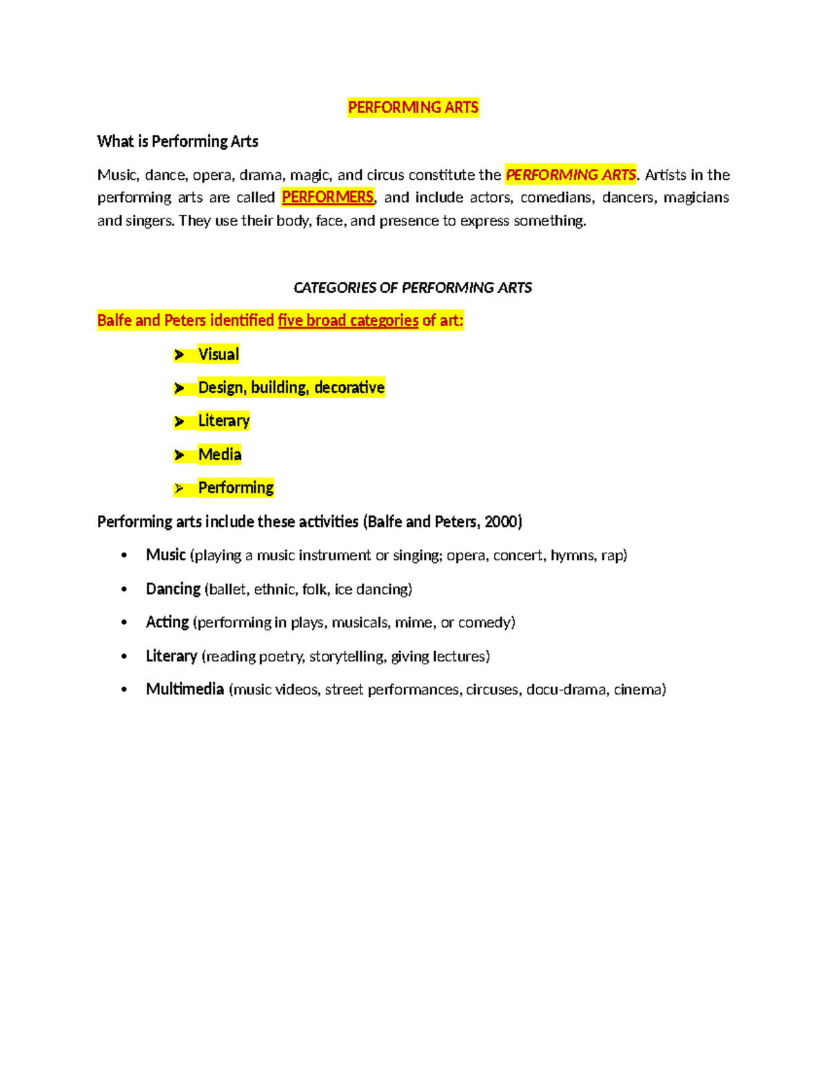 Performing Arts (Arts Appreciation) - Overview and Categories - Studocu