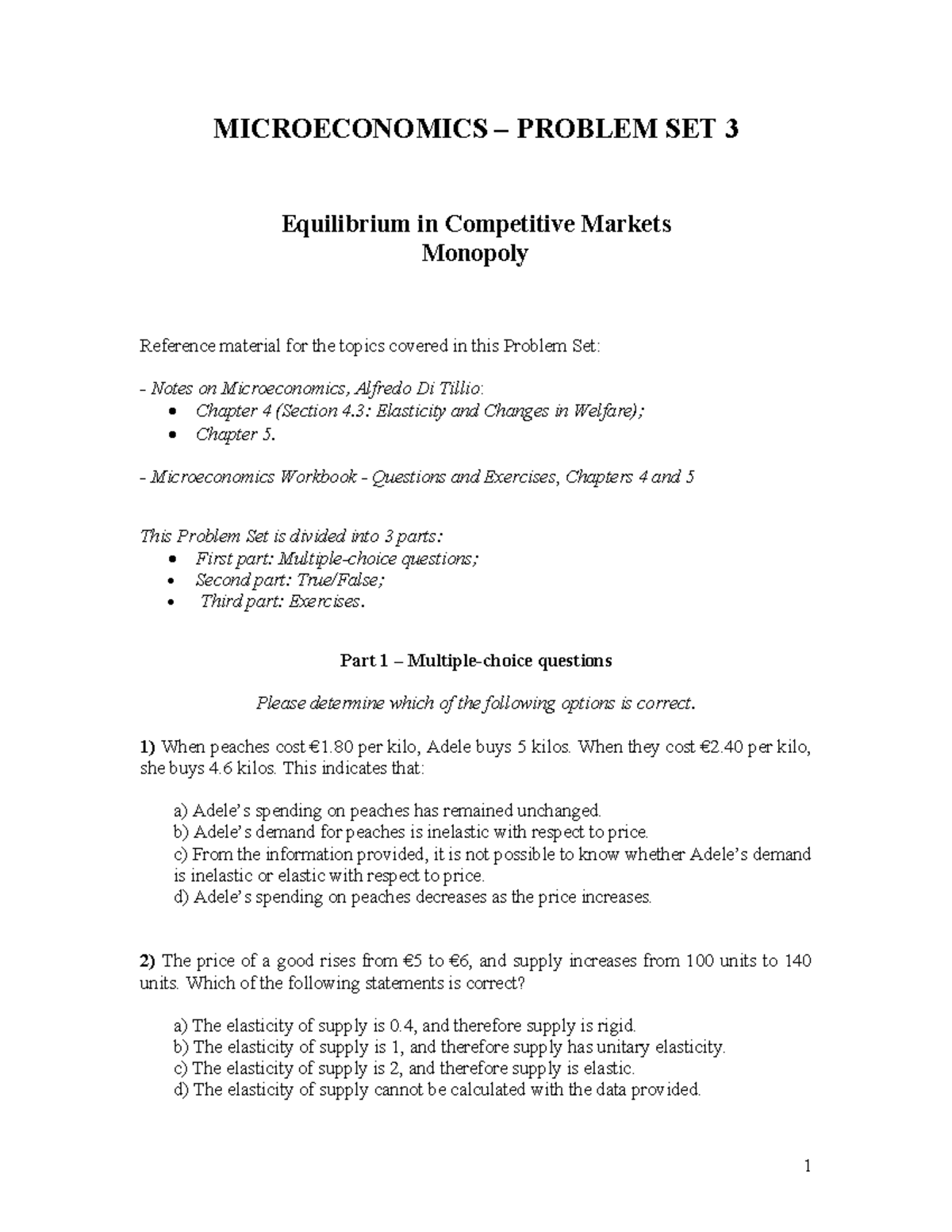 MICROECONOMICS PROBLEM SET 3: Equilibrium & Monopoly Analysis - Studocu