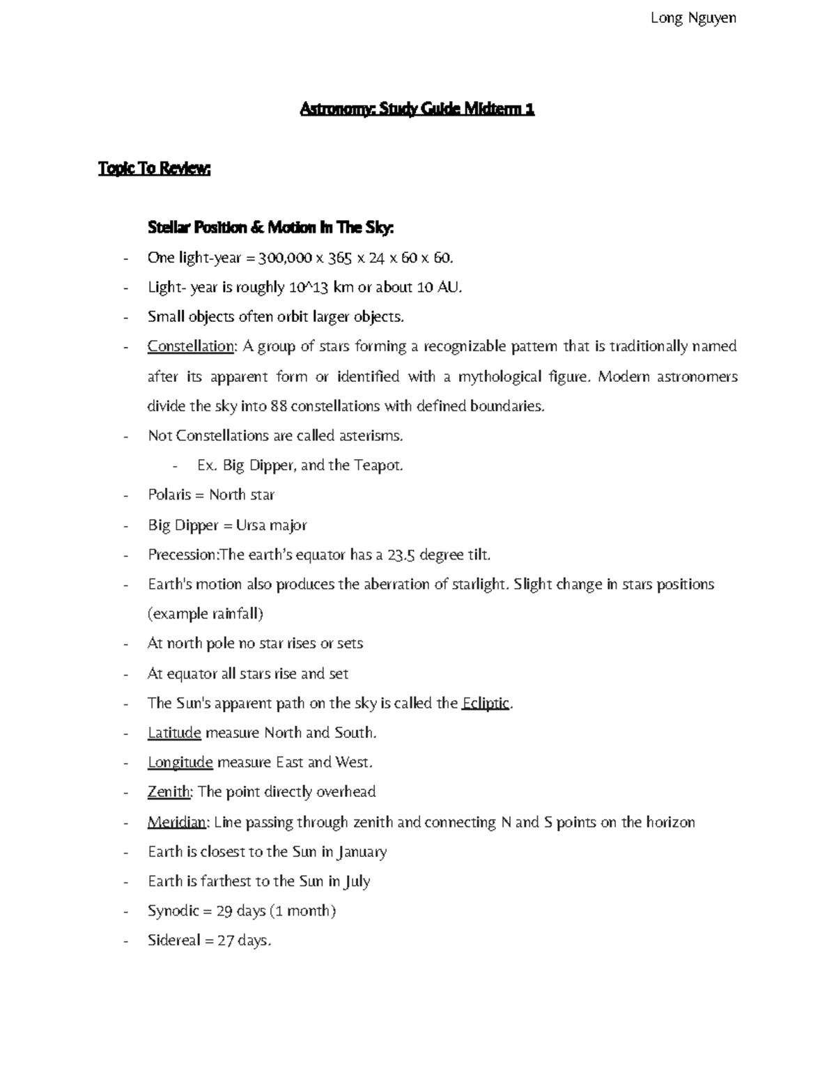 Astronomy Study Guide Midterm 1 - Long Nguyen Astronomy: Study Guide ...