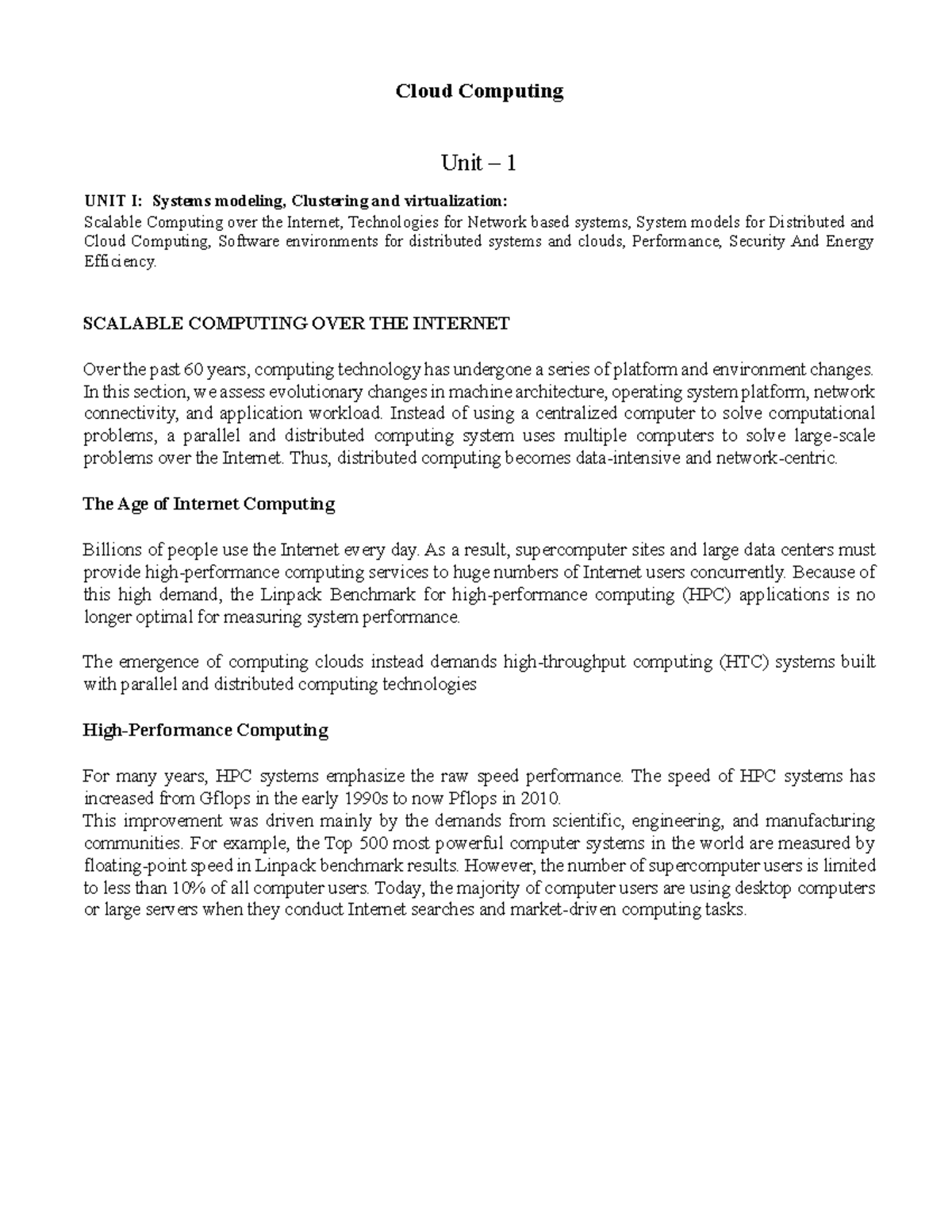 CC UNIT-I - unit 1 - Cloud Computing Unit – 1 UNIT I: Systems modeling, Clustering and - Studocu