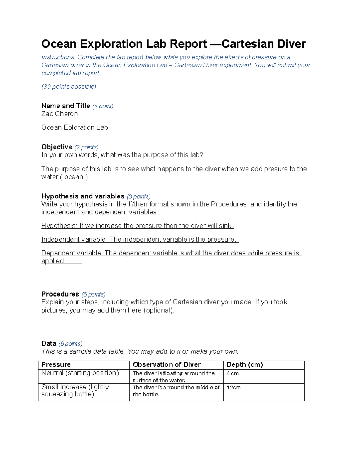 Cartesian diver lab report - Ocean Exploration Lab Report —Cartesian ...