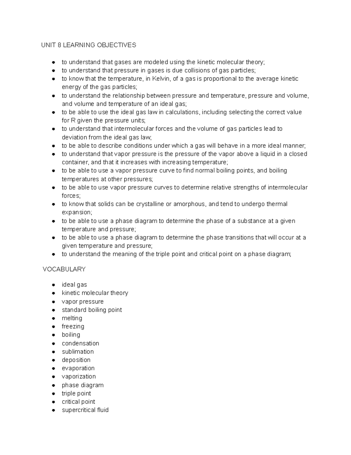 Chemistry Honors Unit 8: Learning Objectives & Key Concepts Review ...