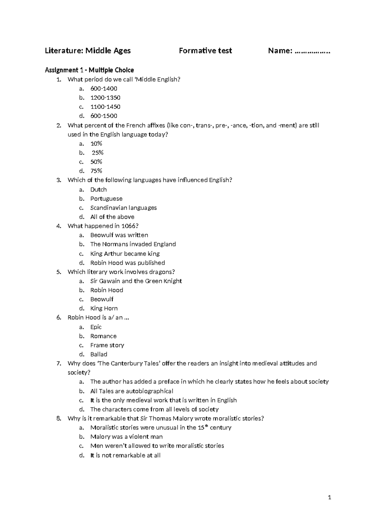 Literatuur Toets 2 - English Literature: Middle Ages Test Guide ...