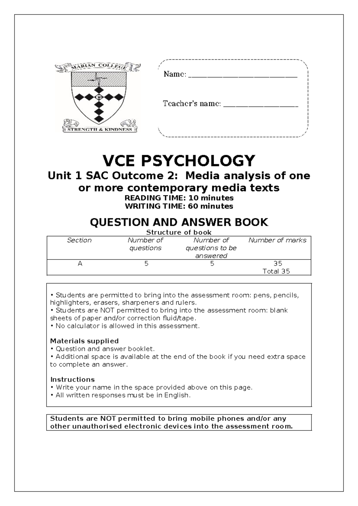 Psychology Unit 1 Outcome 2 - Media Analysis Practice SAC - Studocu