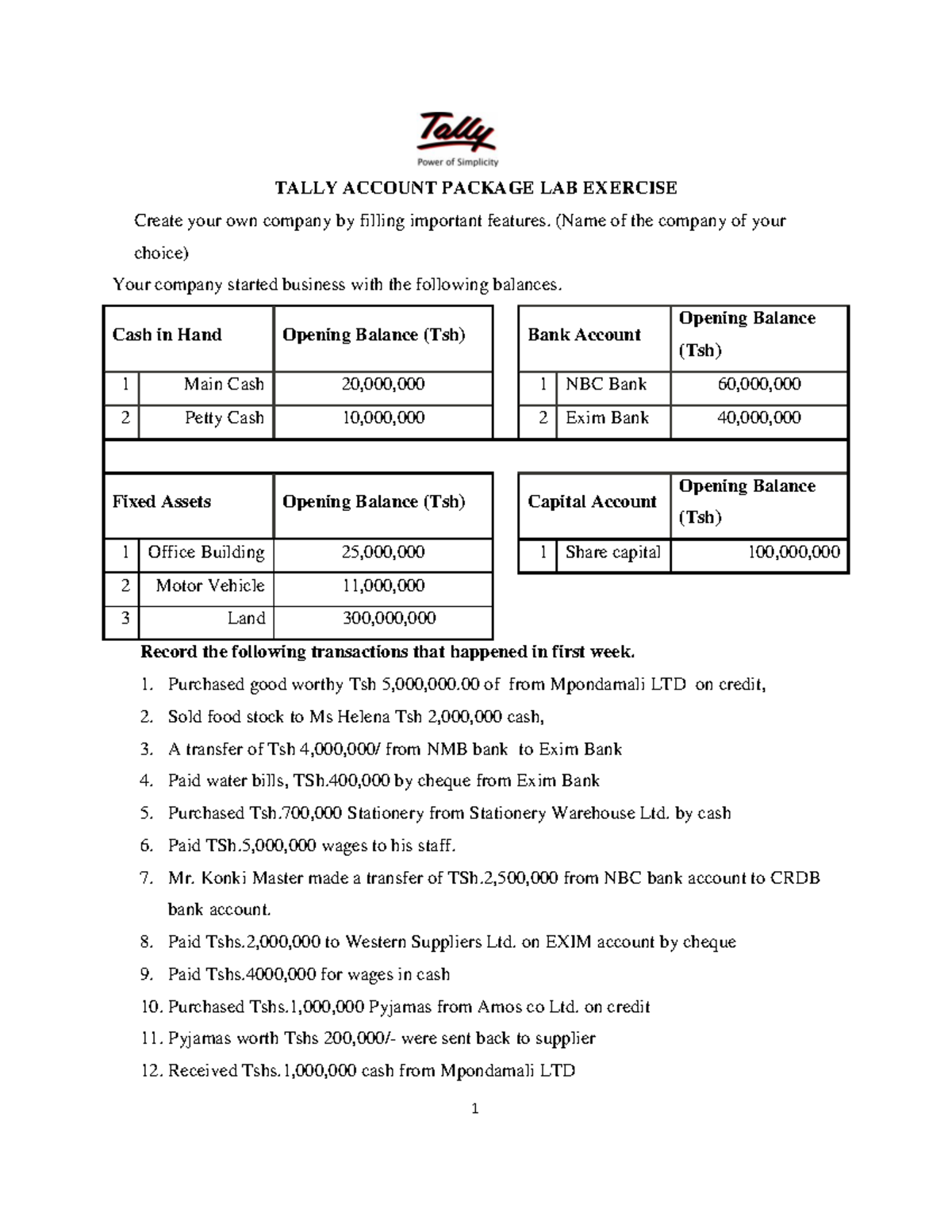 TALLY ACCOUNT PACKAGE LAB EXERCISE: Create Your Own Company - Studocu
