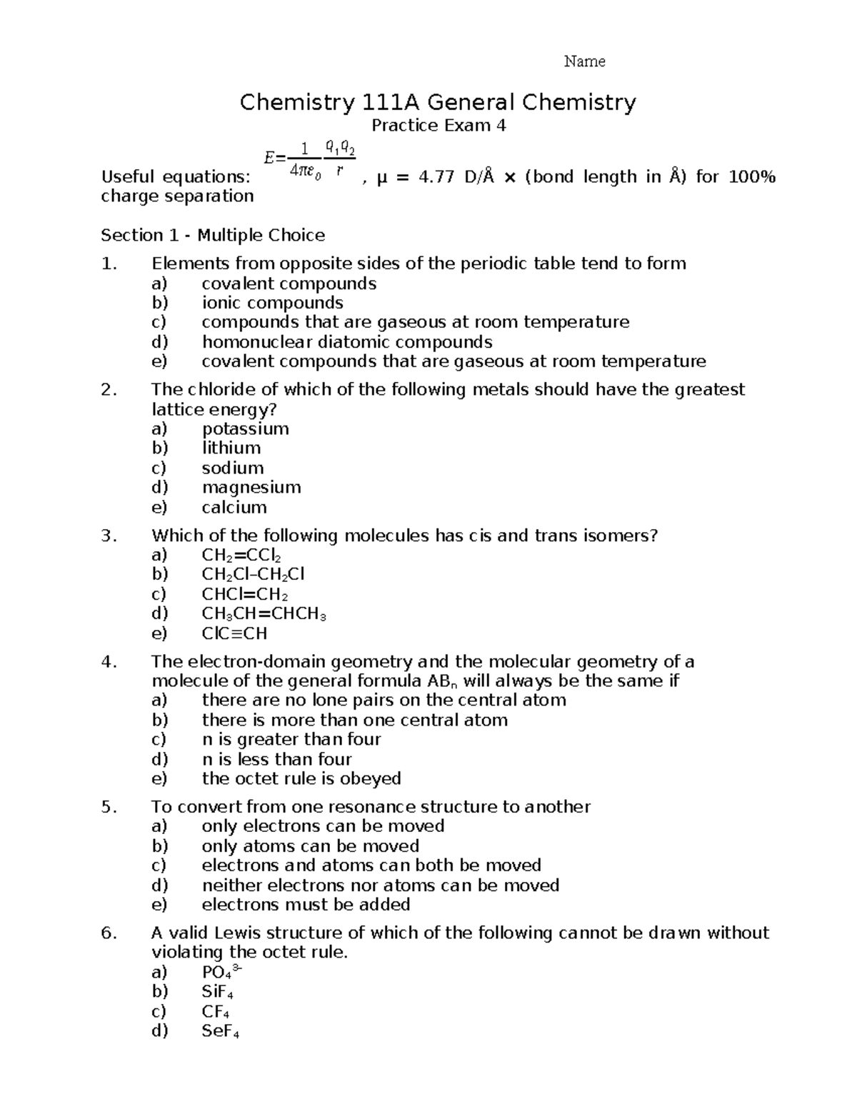 Chemistry 111A General Chemistry Final Exam Practice Questions Review ...