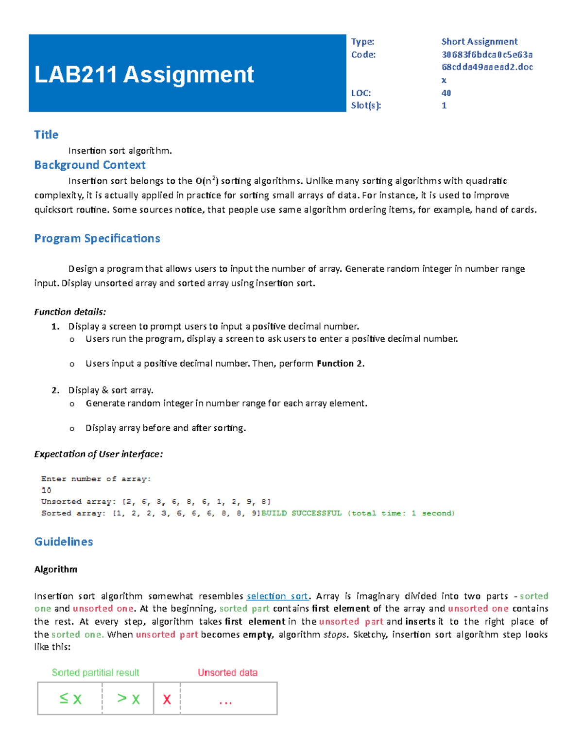 Lab 211: Insertion Sort Algorithm - Short Assignment Overview - Studocu