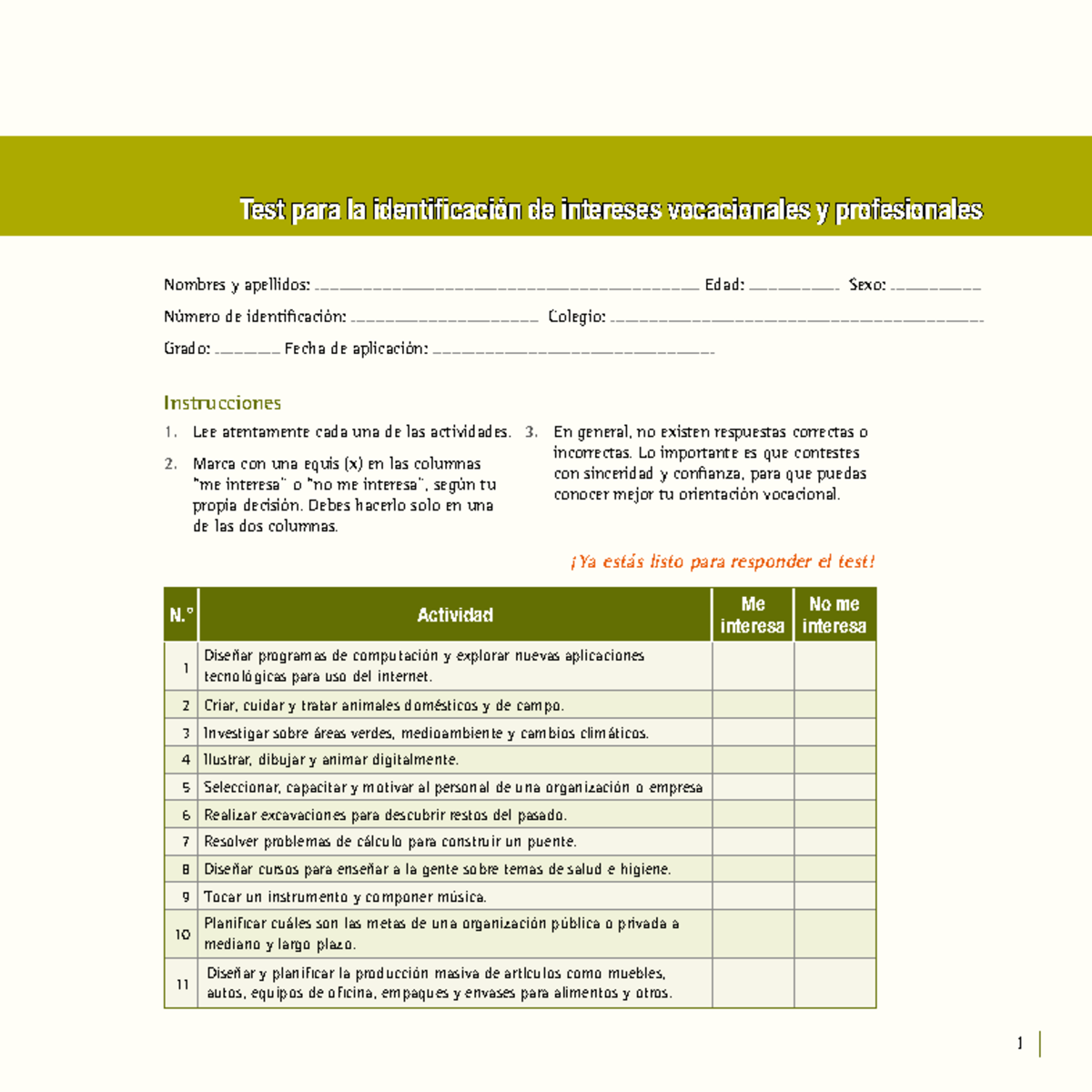 Test de Intereses Vocacionales y Profesionales - Instrucciones y ...