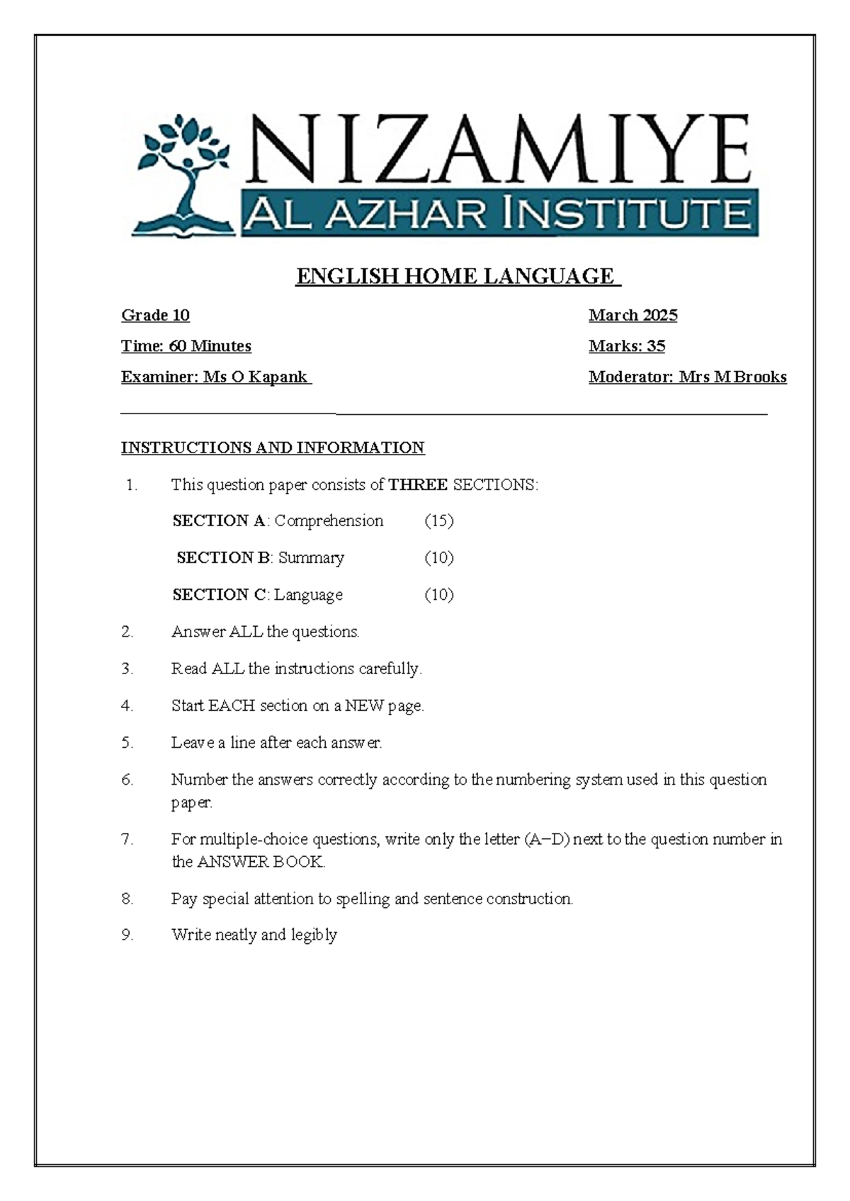 English HL Grade 10 March 2025 Exam & Memo: Comprehension, Summary ...