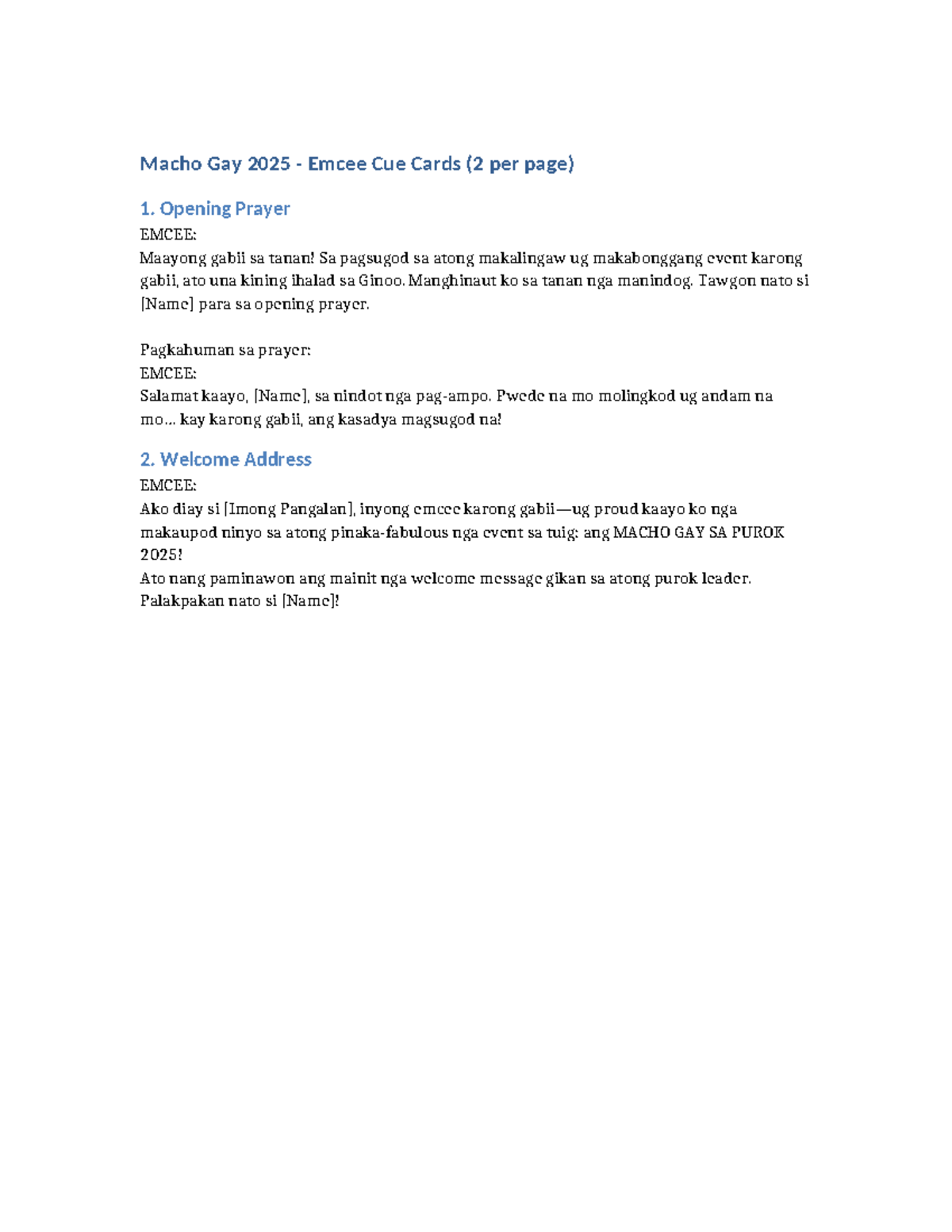 Macho Gay 2025 Emcee Cue Cards: Event Script & Flow - Studocu