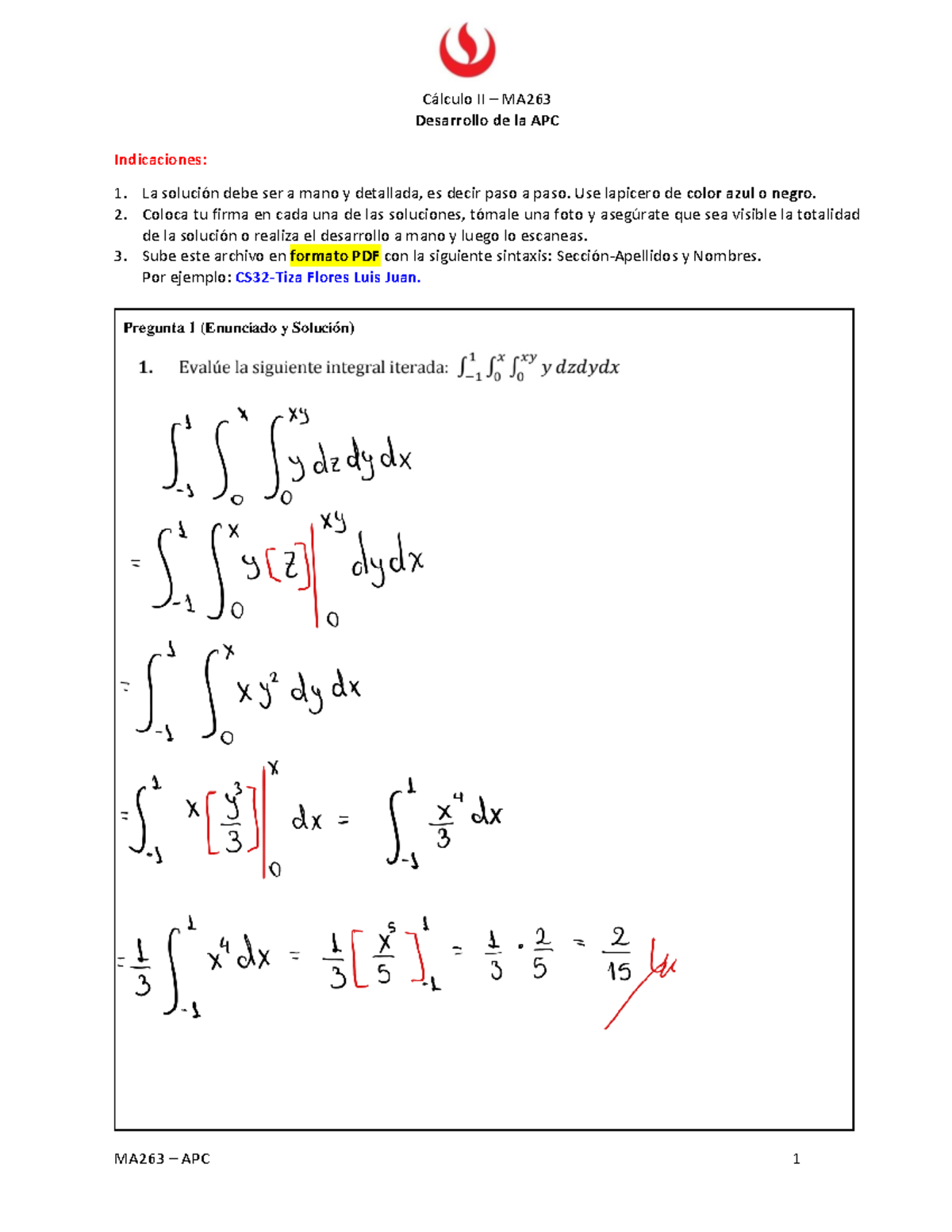Cálculo II MA263 APC 2: Instrucciones para la Solución Detallada - Studocu