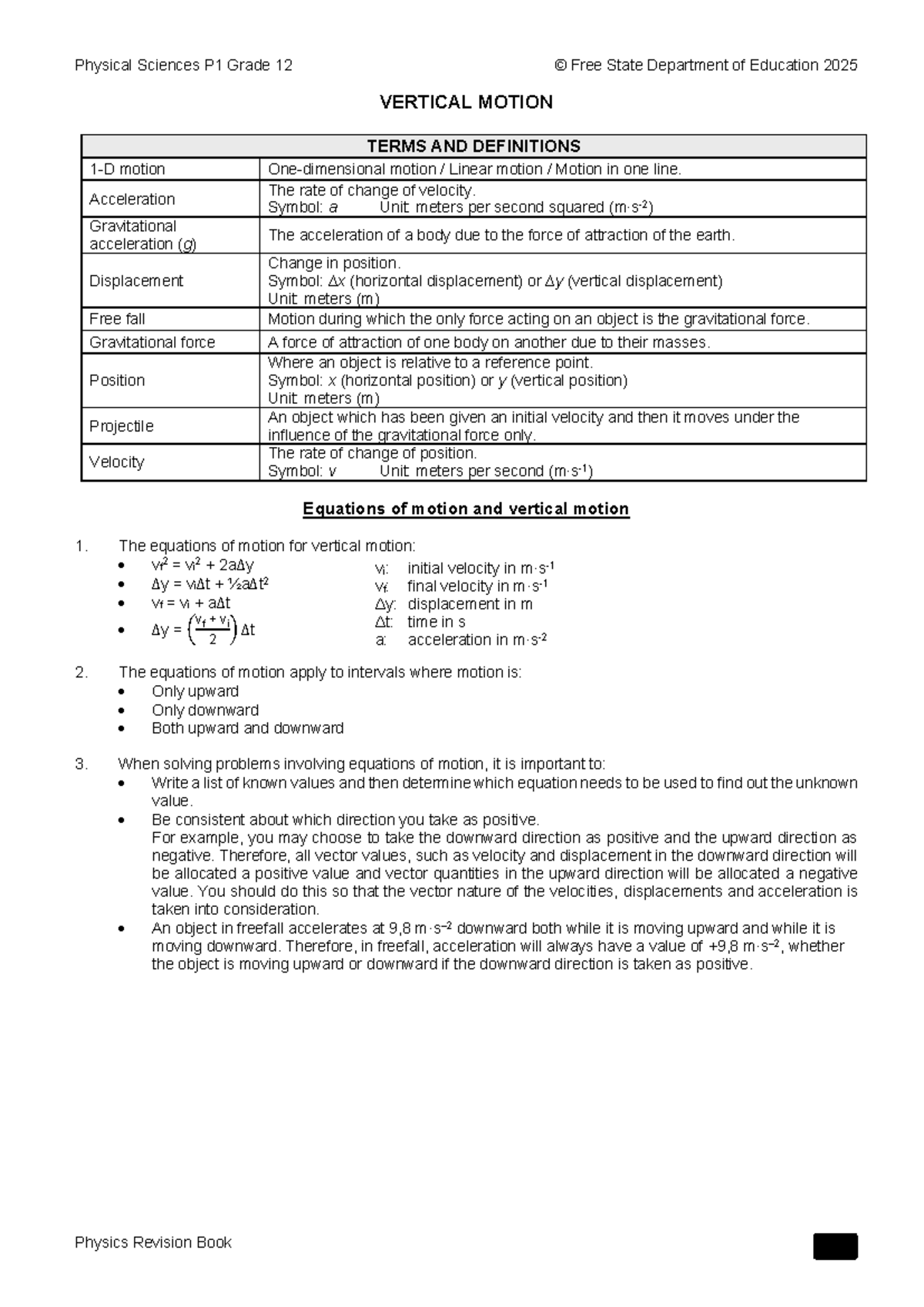 Physical Sciences P1 Grade 12: Vertical Motion Graphs & Definitions ...
