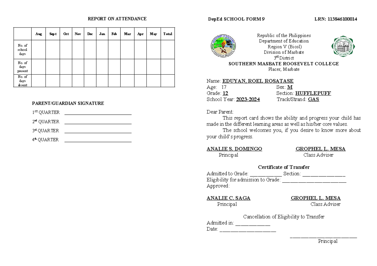 DepEd Form 9: Attendance Report for Grade 12 - Hufflepuff - Studocu