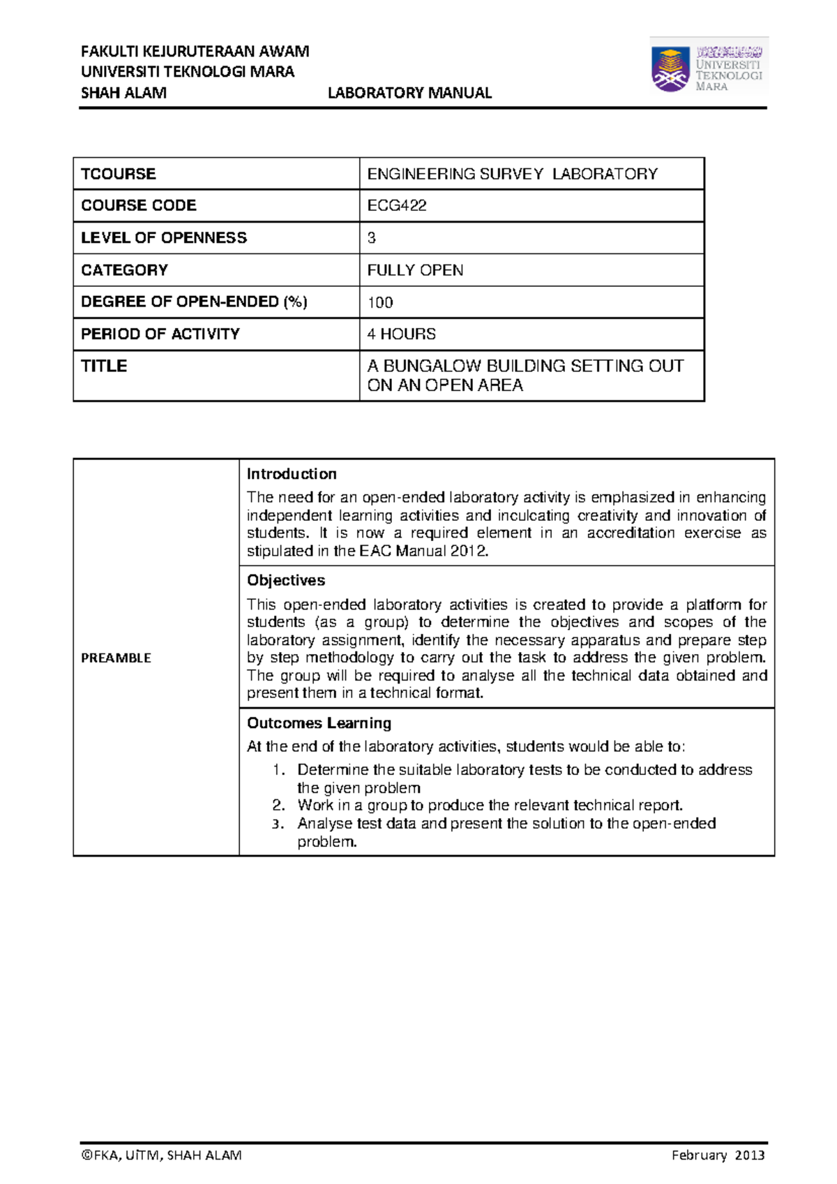 Lab Manual - Level 3 - Setting OUT - Engineering Survey - UiTM - Studocu
