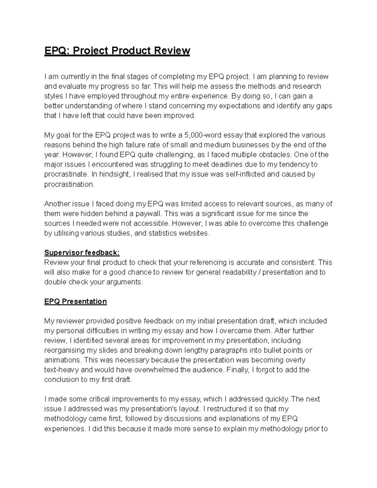 EPQ Project Product Review: Final Reflection on SME Failures - Studocu