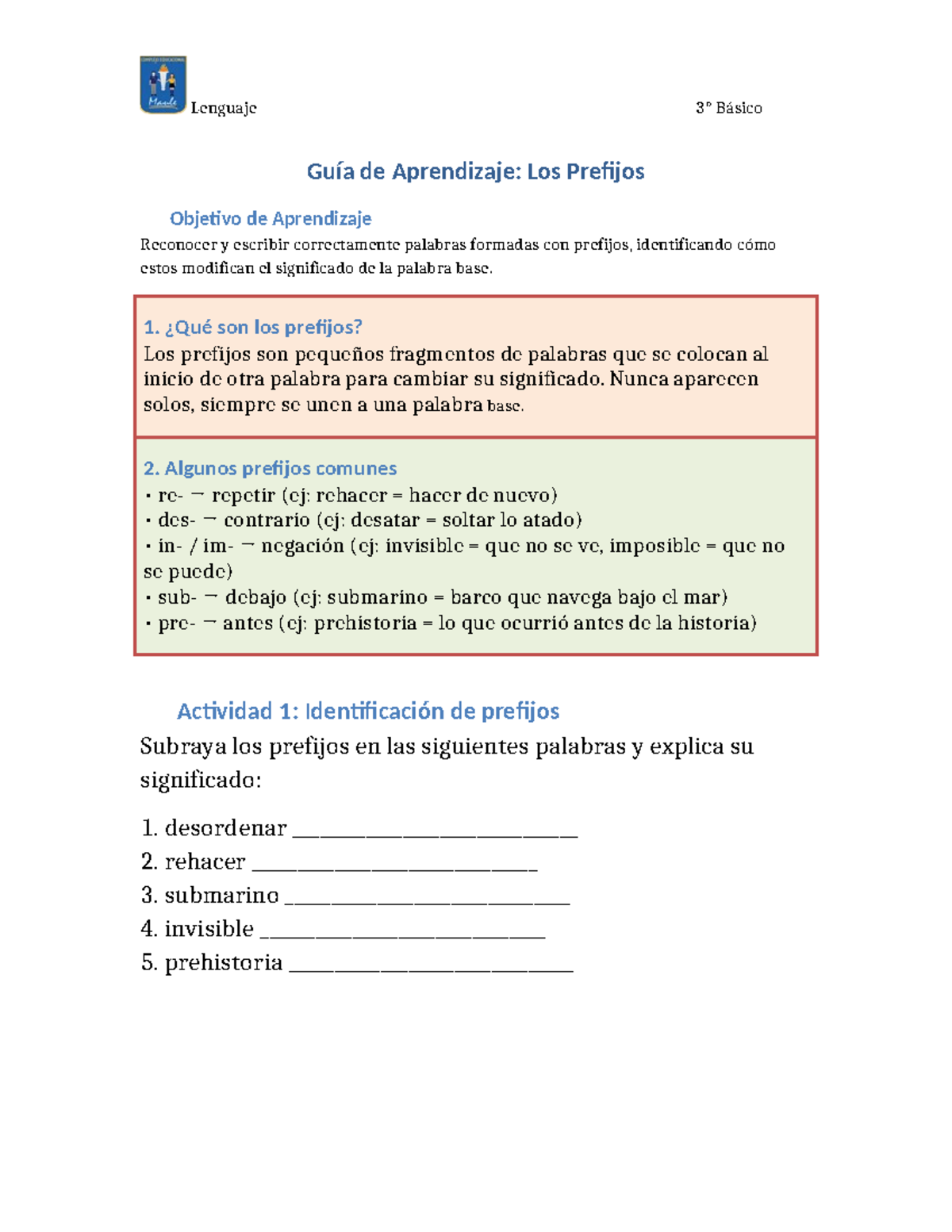 Guía de Aprendizaje: Prefijos en Lenguaje Básico 3Básico - Studocu