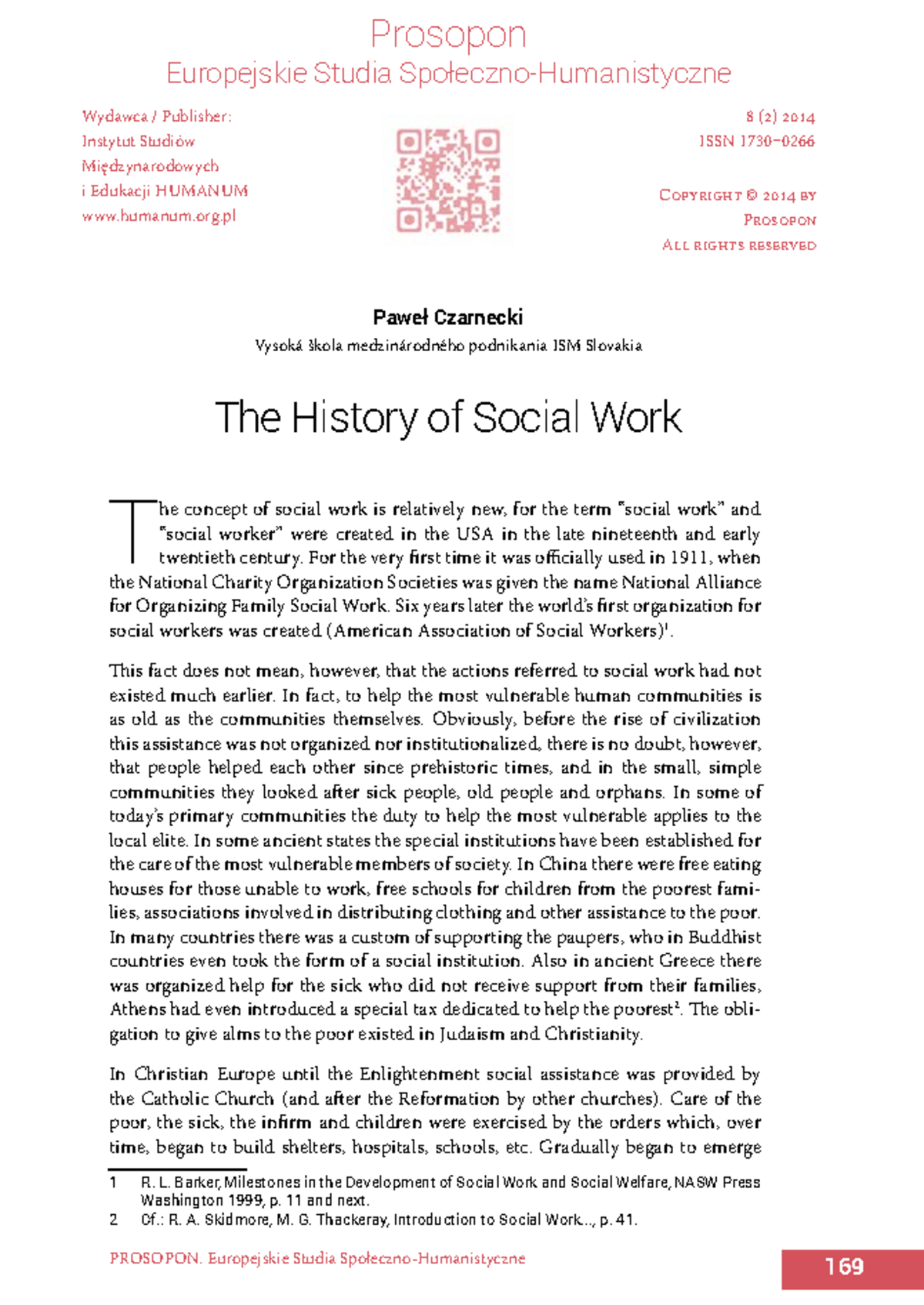 History of Social Work - Prosopon (XURSHMVNLH 6WXGLD 6SRĄHF]QR +XPDQLVW ...