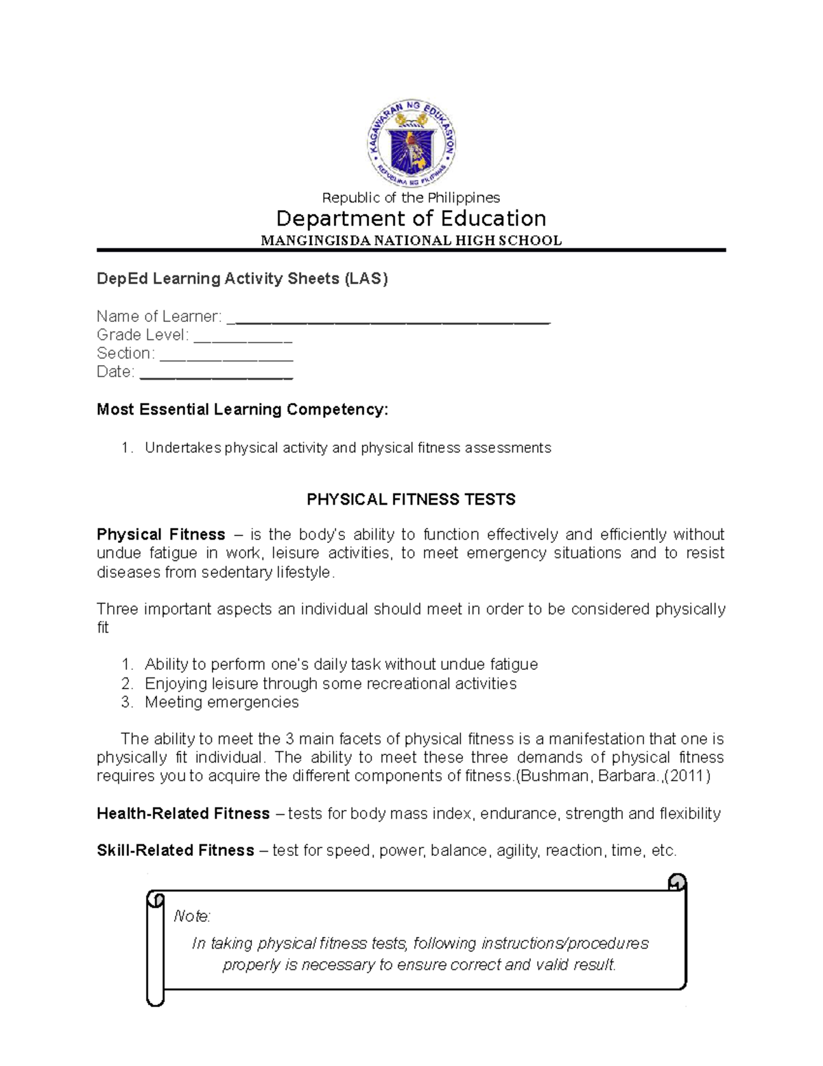 Mapeh 7 Worksheet 7 - Republic of the Philippines Department of ...