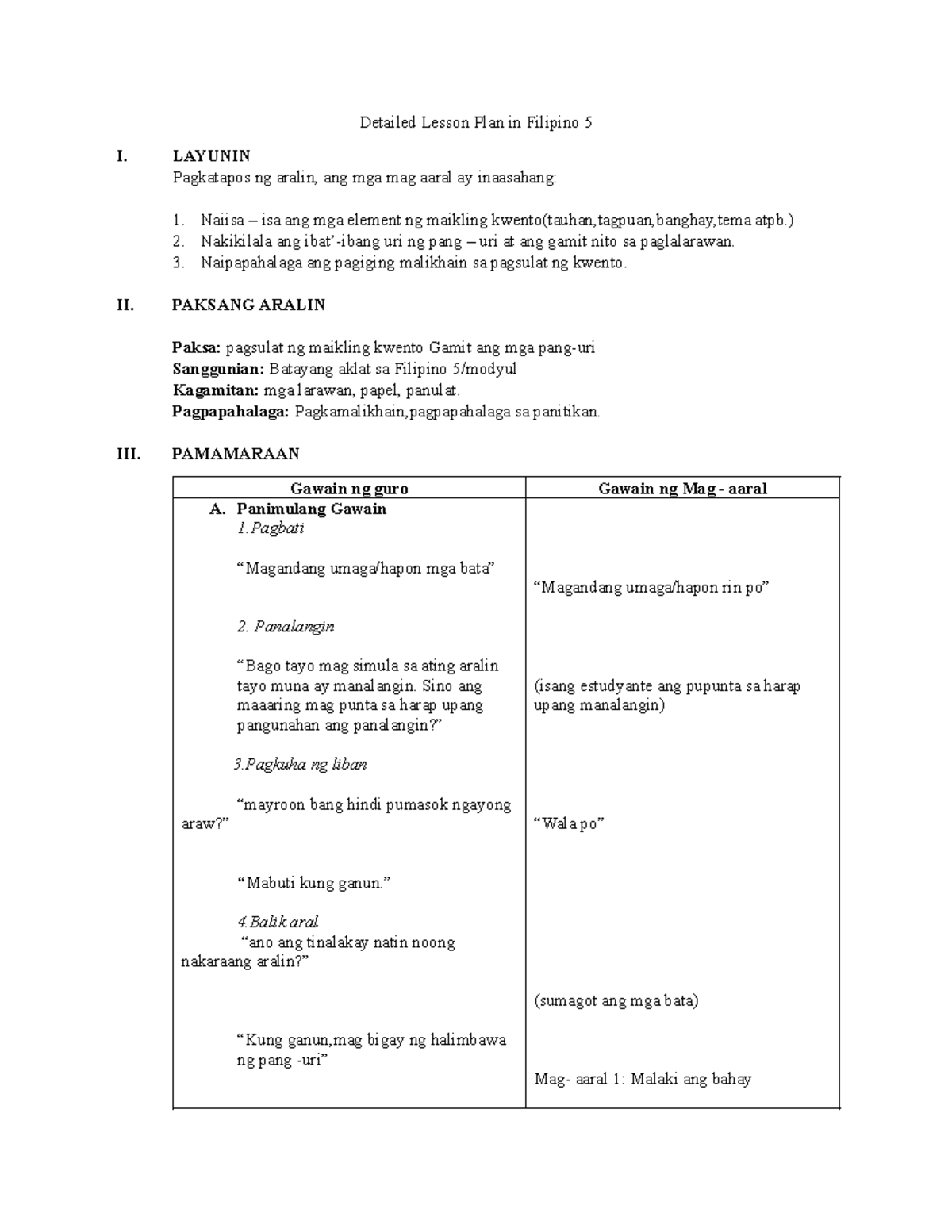 Detailed Lesson Plan: Pagsulat ng Maikling Kwento (Filipino 5) - Studocu