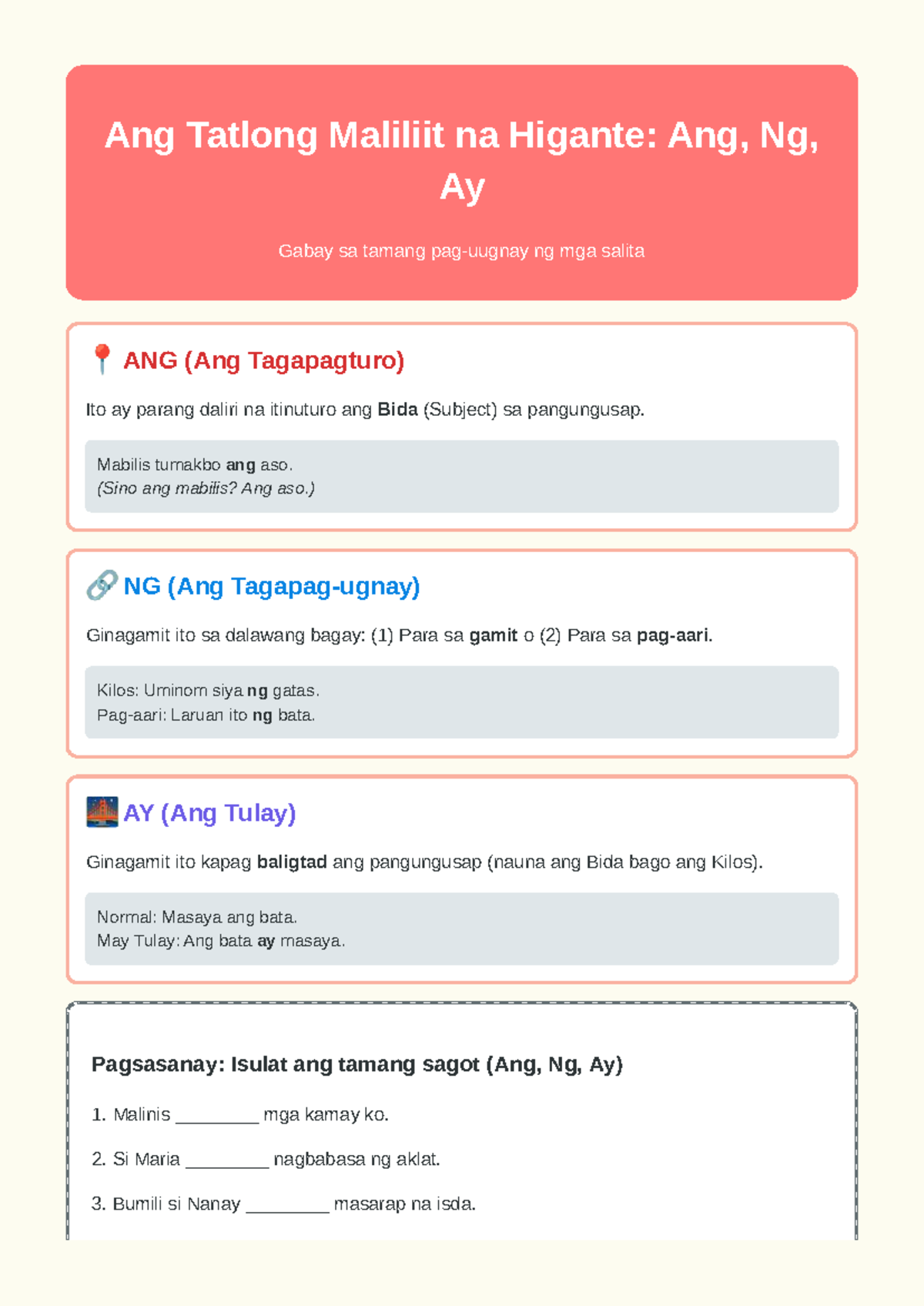 Tagalog Lesson: Ang, Ng, Ay - Pagsasanay at Gabay - Studocu