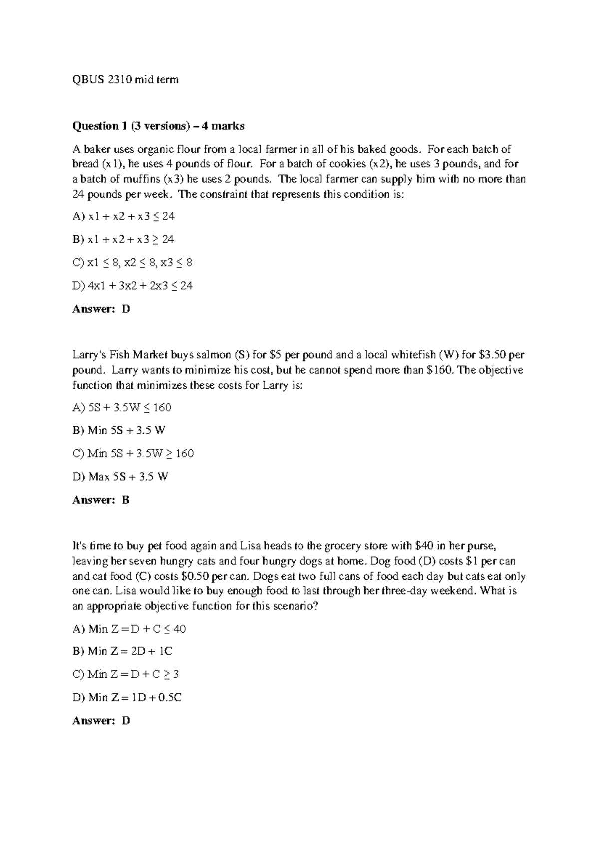 QBUS 2310 S2 MidSem Exam Practice Questions and Solutions - Studocu