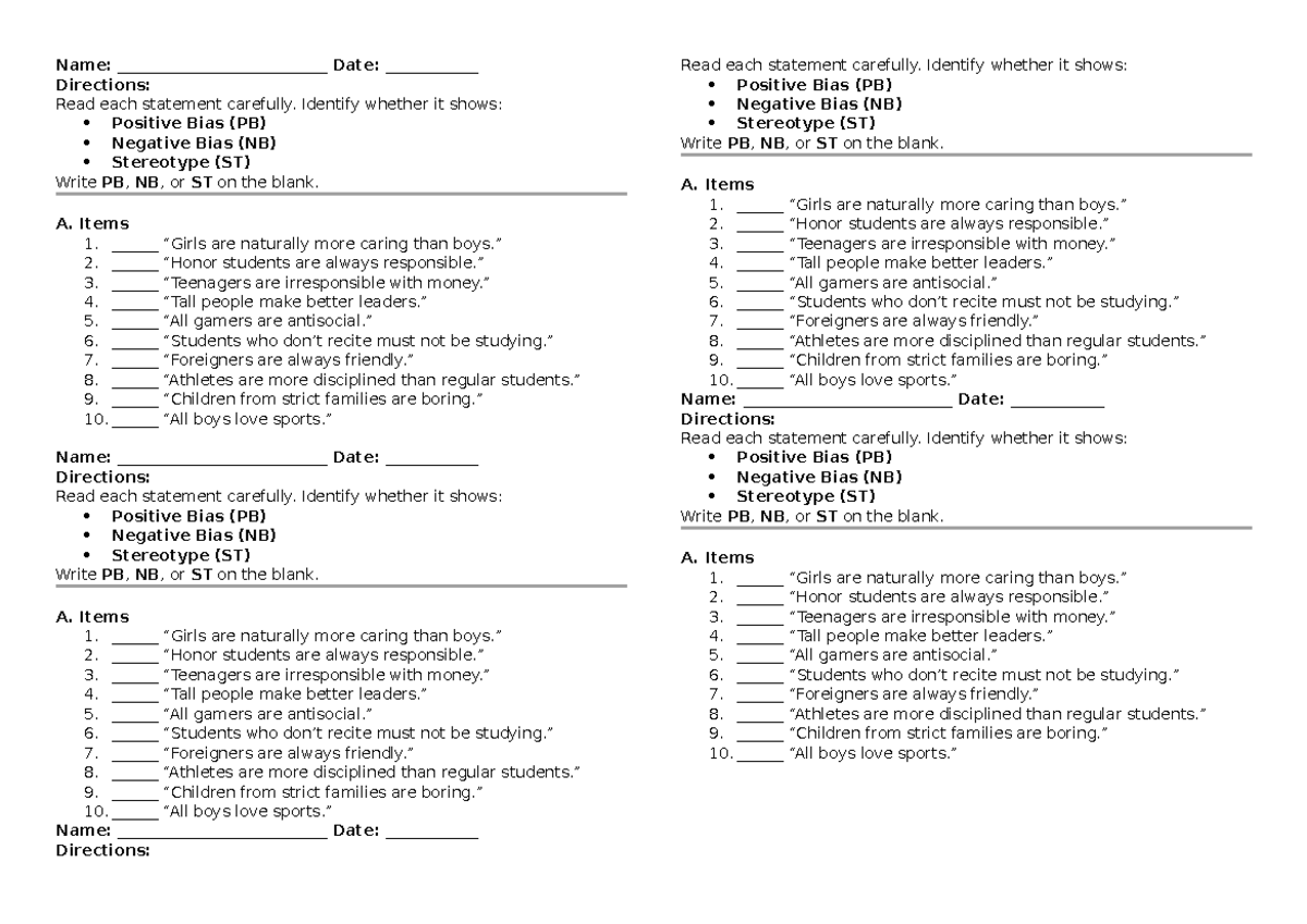 Eng9 - Worksheet: Identifying Bias and Stereotypes in Statements - Studocu