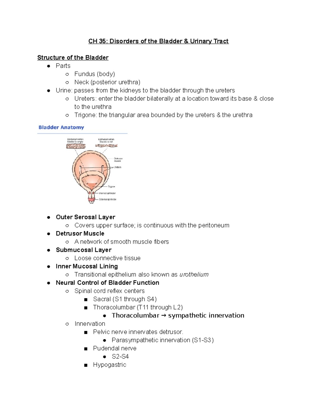 CH 35 - Chapter 35 Lecture notes - CH 35: Disorders of the Bladder ...