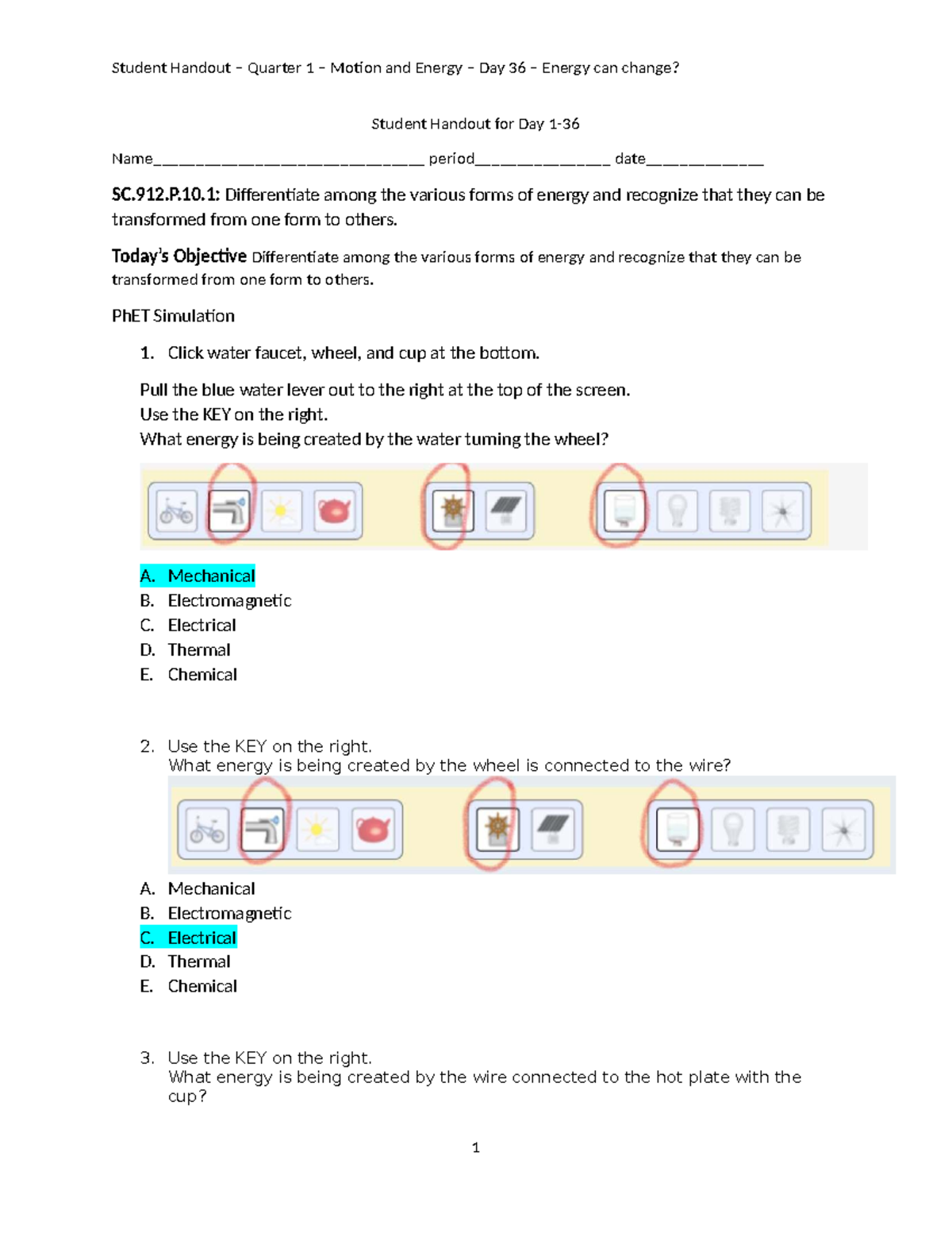SC.912.P.10.1 Student Handout: Motion & Energy Day 36 - Energy ...