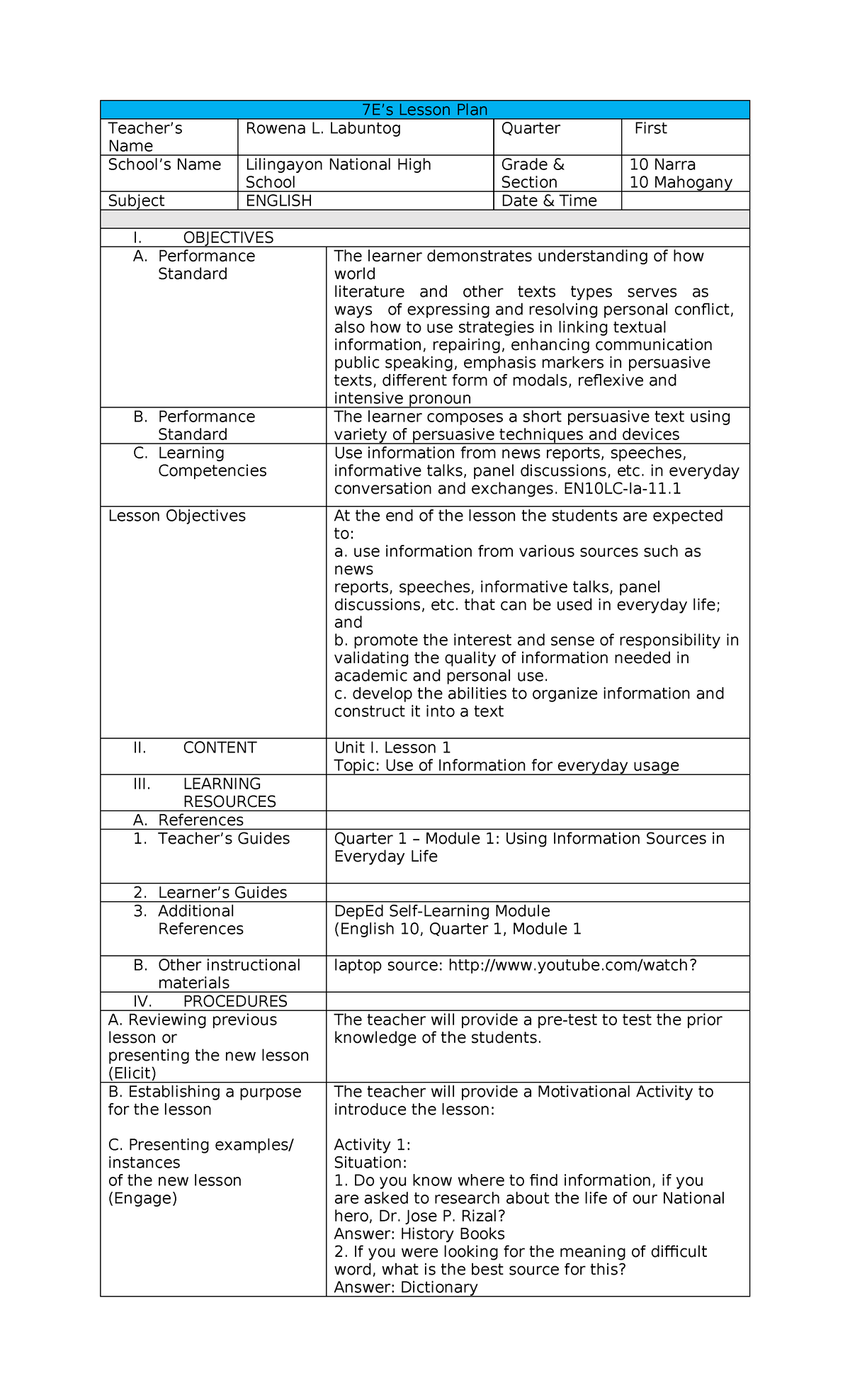7Es- English-10 - Lesson Plan on Using Information Sources - Studocu