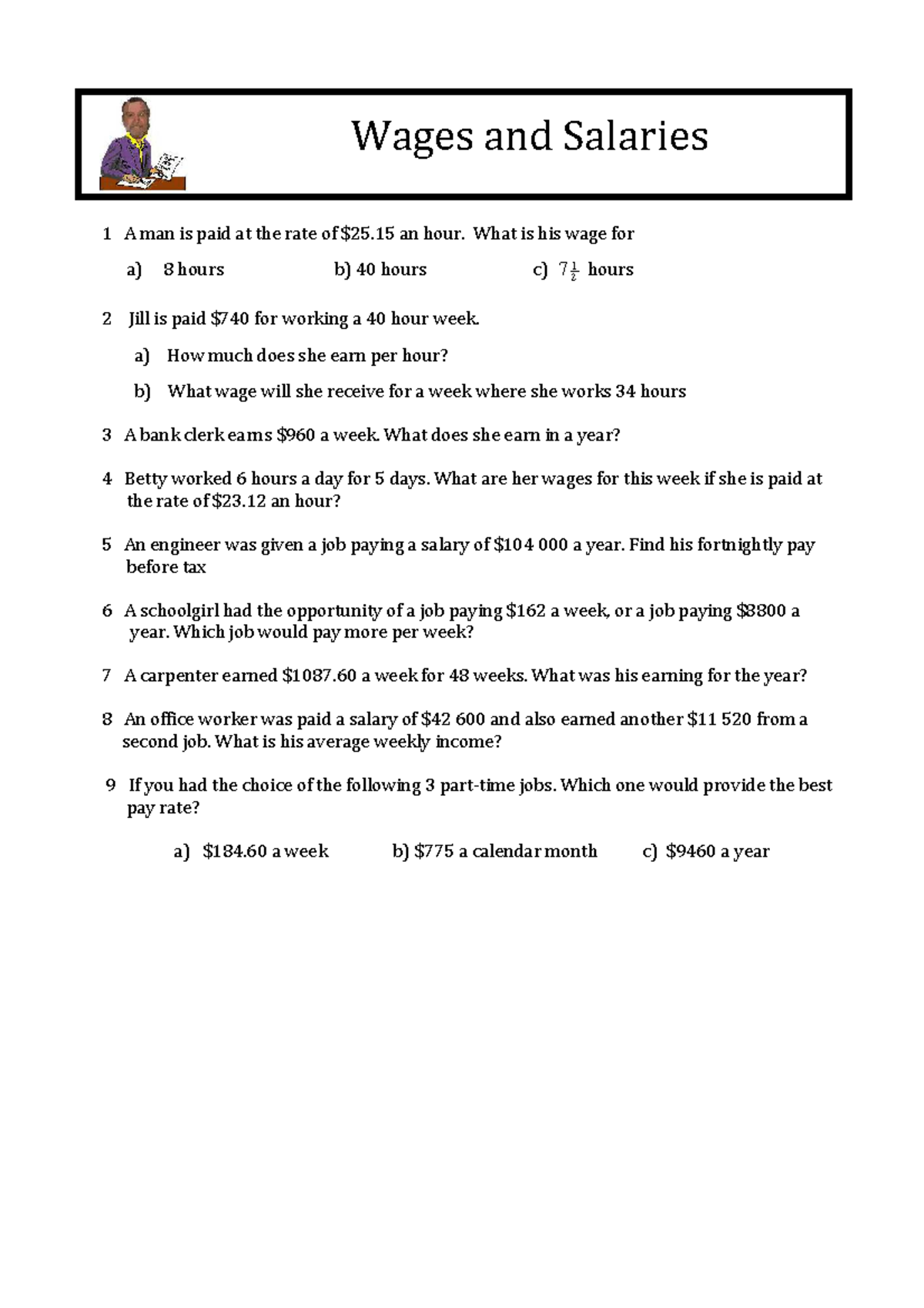 Wages and Salaries Practice Math Worksheets for Income Calculations ...