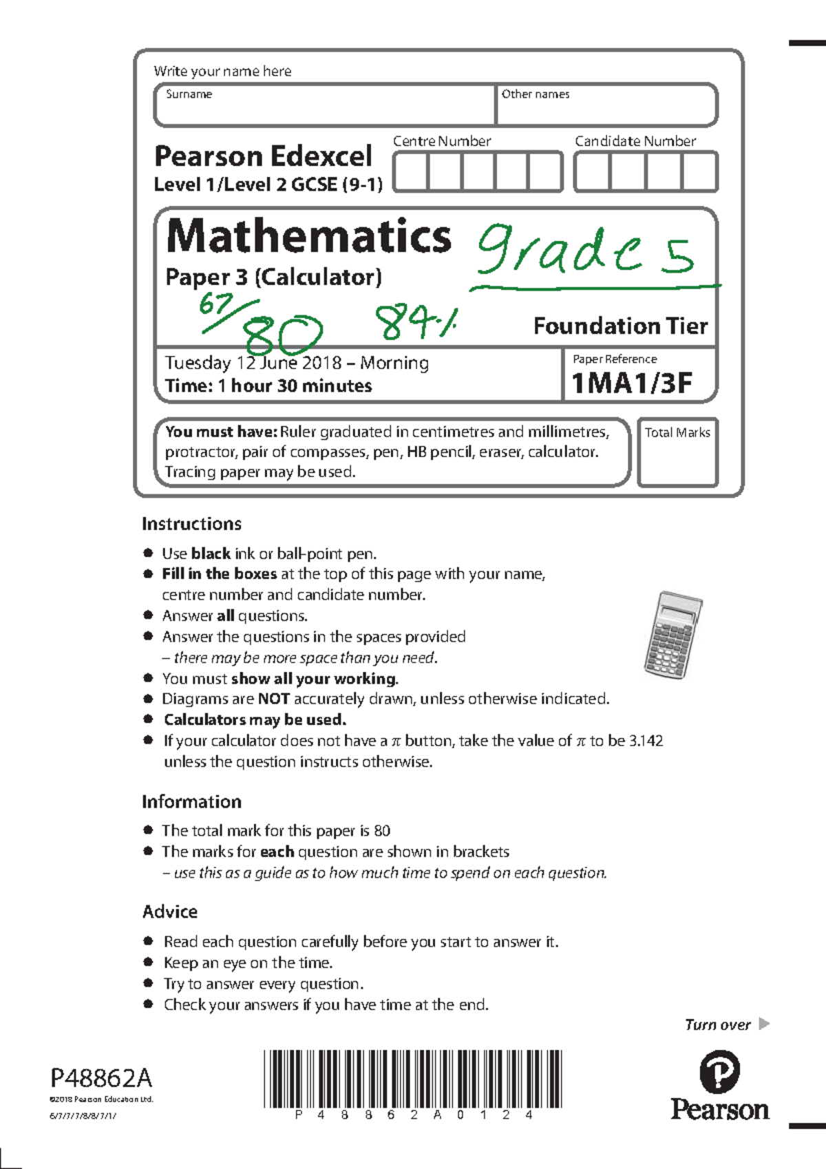 Level 2 GCSE Maths Paper 3 (Calculator) Foundation - June 2018 - Studocu