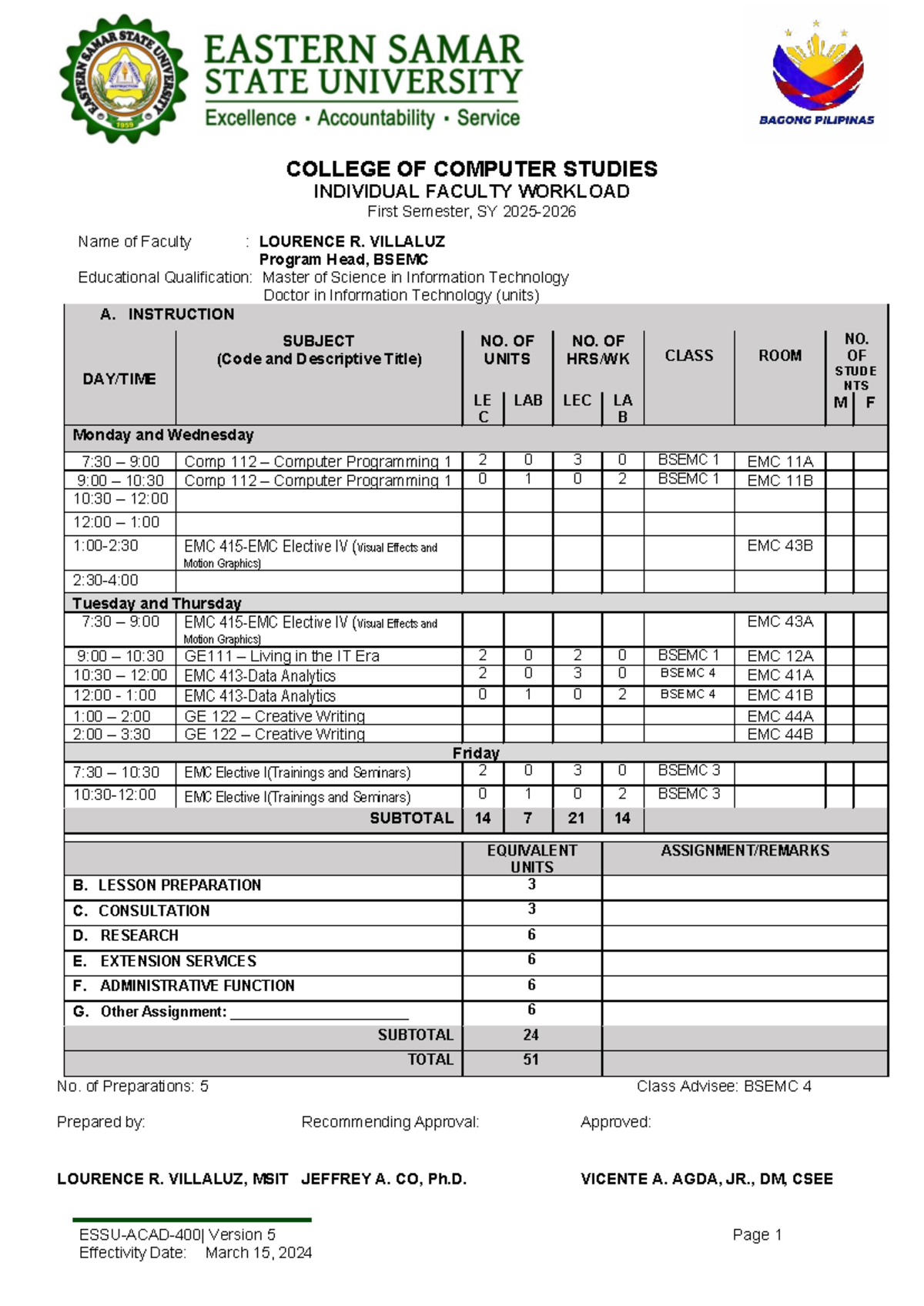 BSEMC Faculty Workload Report - First Semester, SY 2024 - Studocu