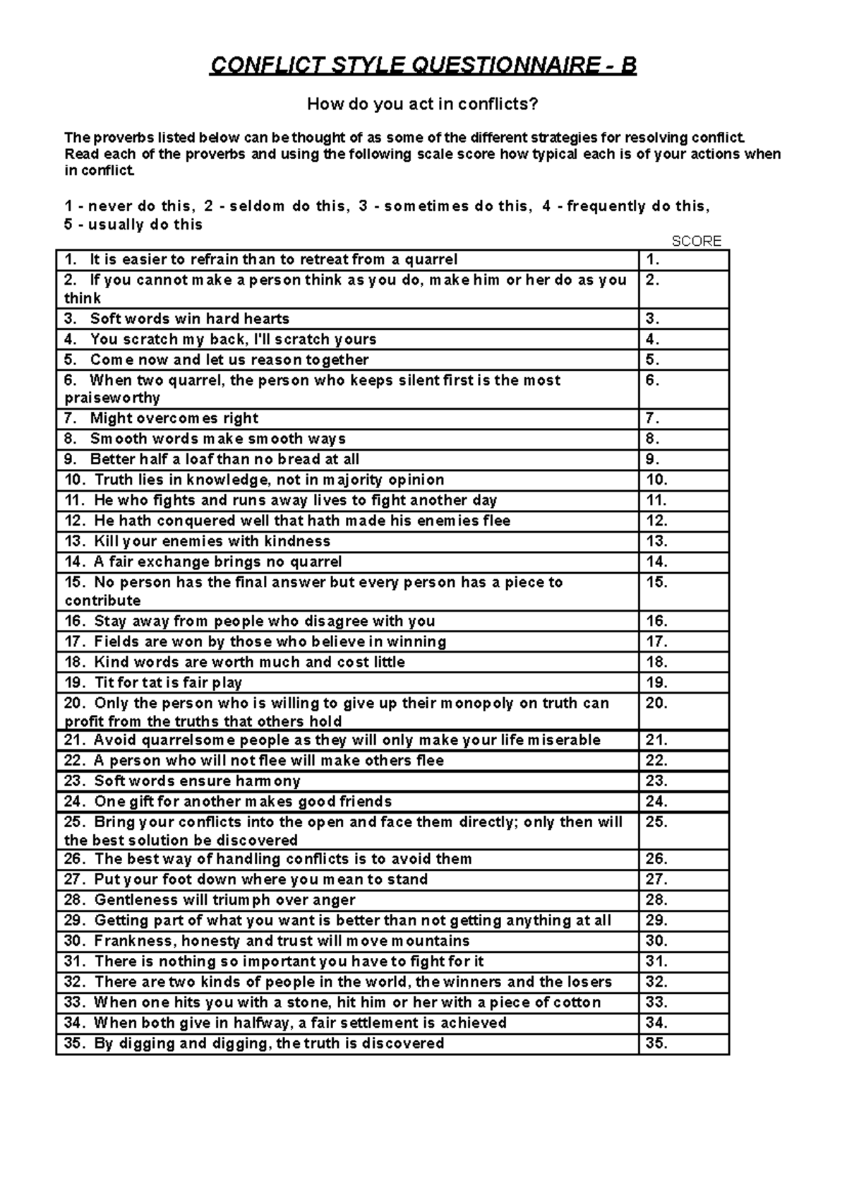 CMSQB 25 - Conflict Style Questionnaire and Resolution Strategies - Studocu