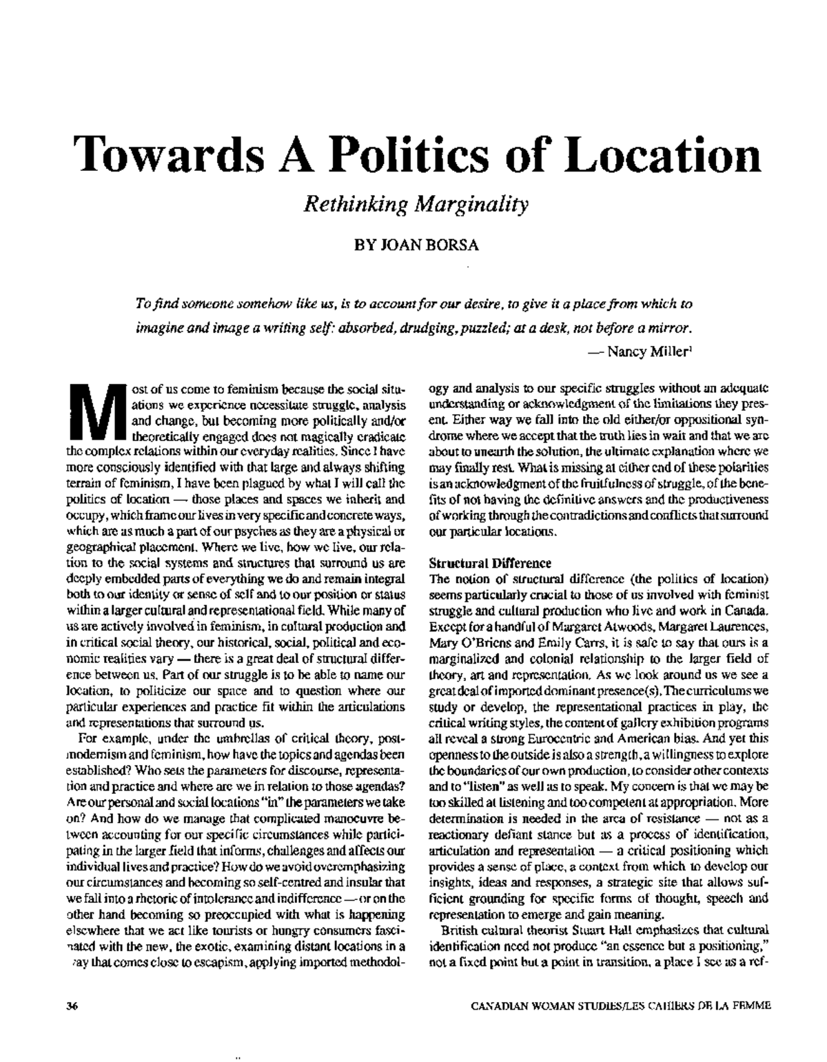Admin: CWS11N1 Essay Notes on Politics of Location and Marginality ...