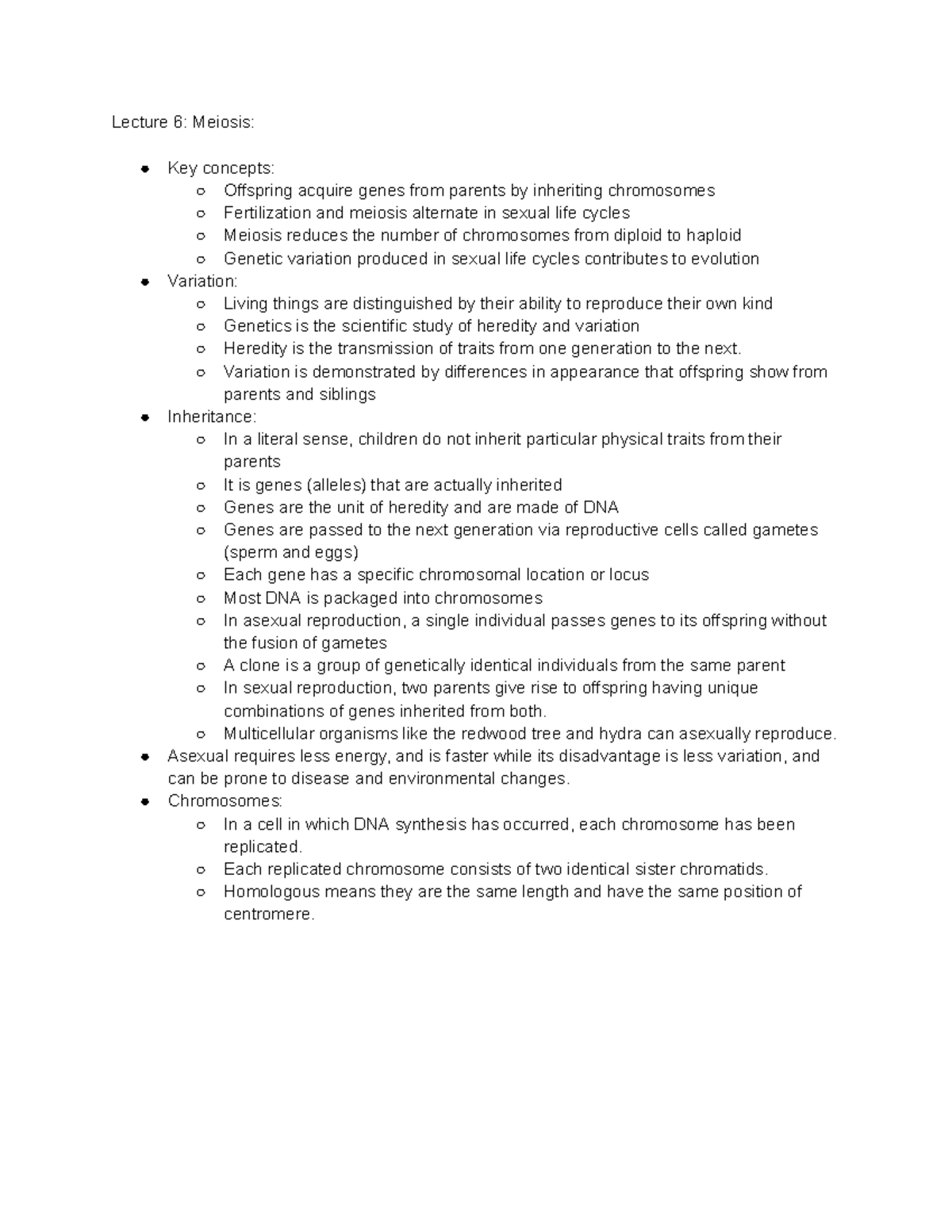 Bio 152 Lecture 6 - Genetics, Meiosis, and Sexual Reproduction Notes ...