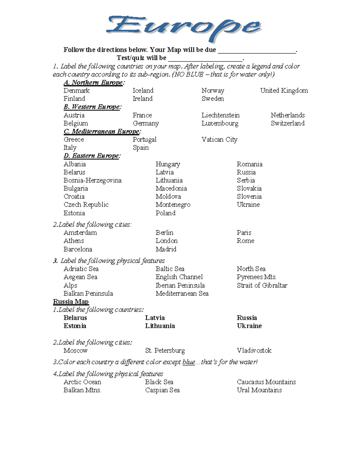 Mapping Europe APHG - map - Follow the directions below. Your Map will ...