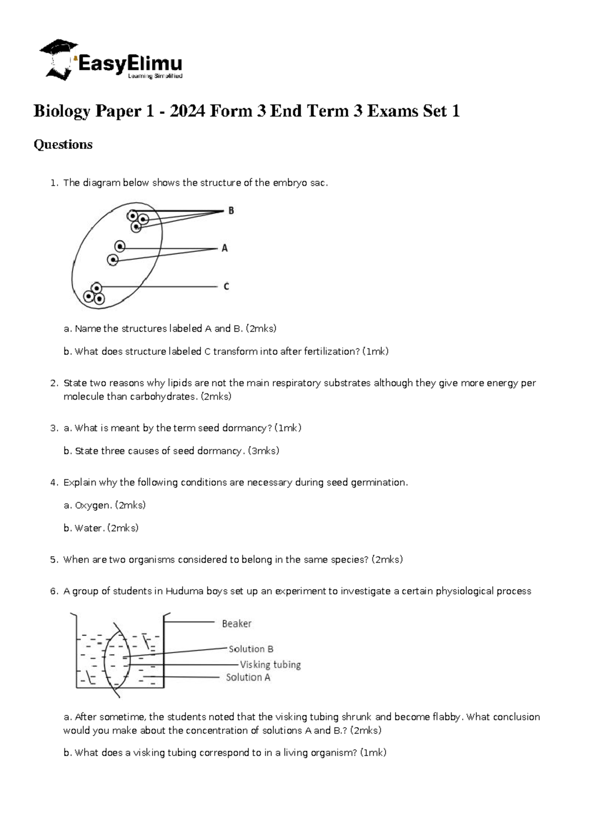 Biology Paper 1 - 2024 Form 3 End Term 3 Exam Questions and Answers ...