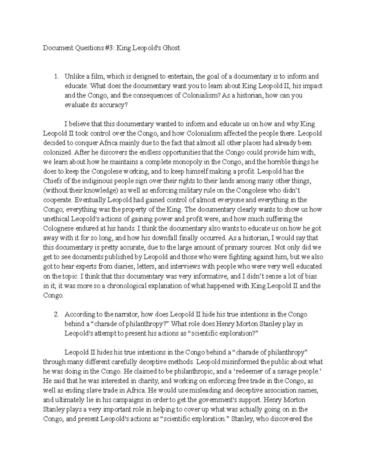 Document Question #3 King Leopolds Ghost - Document Questions #3: King ...