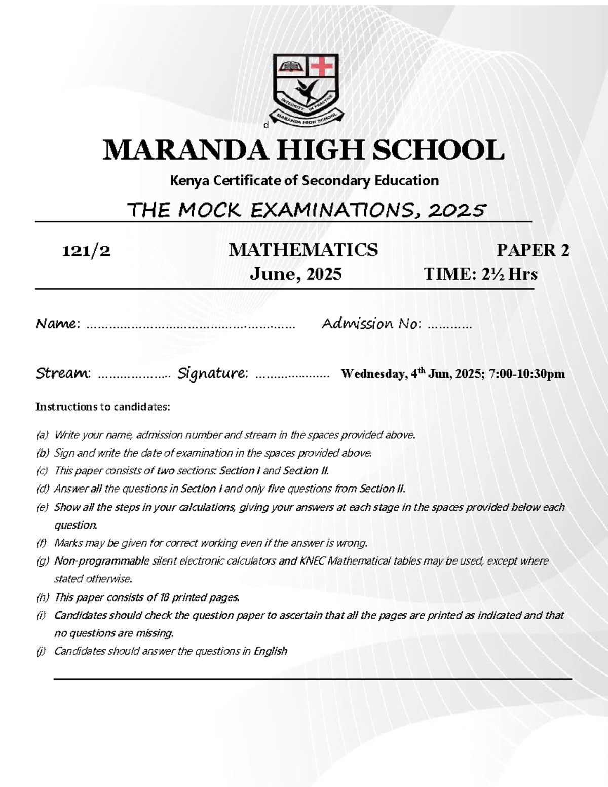 Maranda High School Mock 2025 Mathematics Paper 2 Questions - Studocu