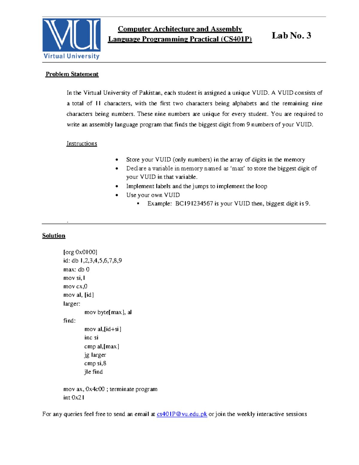 Lab Number: 3 Practice - Computer Architecture and Assembly Language Programming Practical ...