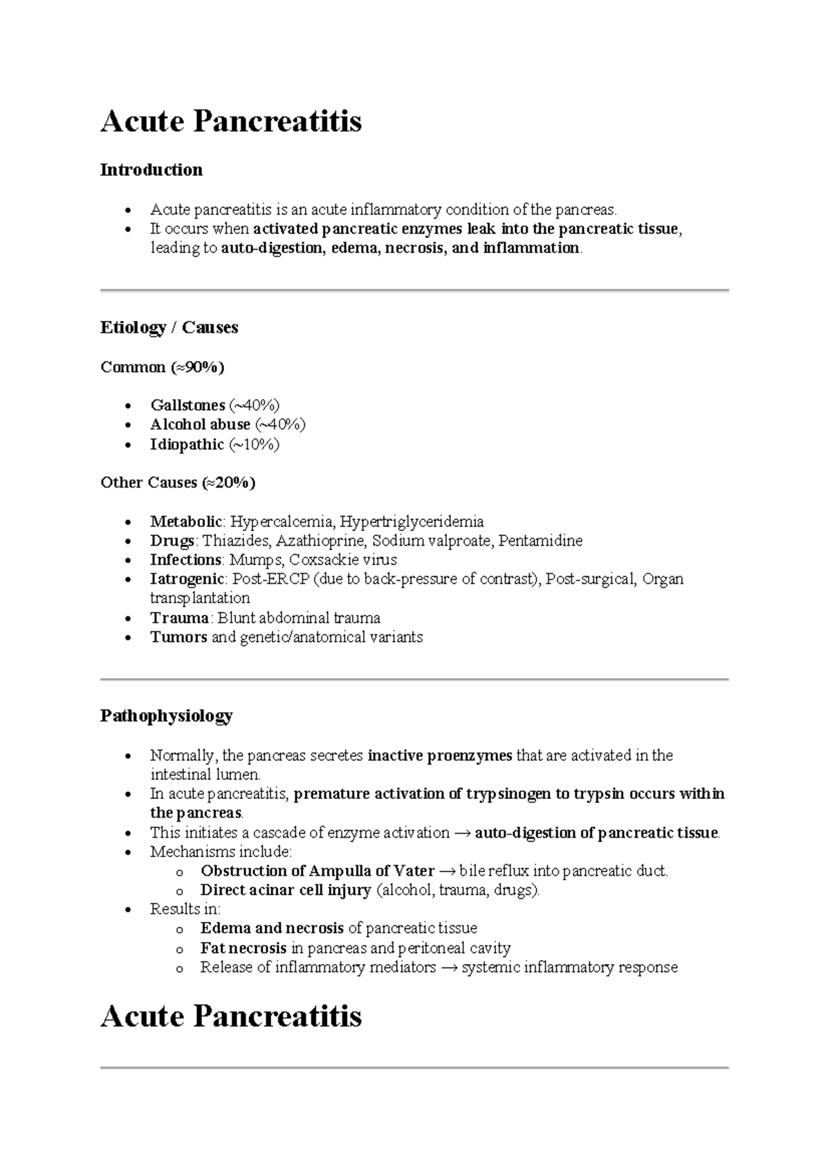 Acute Pancreatitis (MED 101) - Comprehensive Study Notes - Studocu