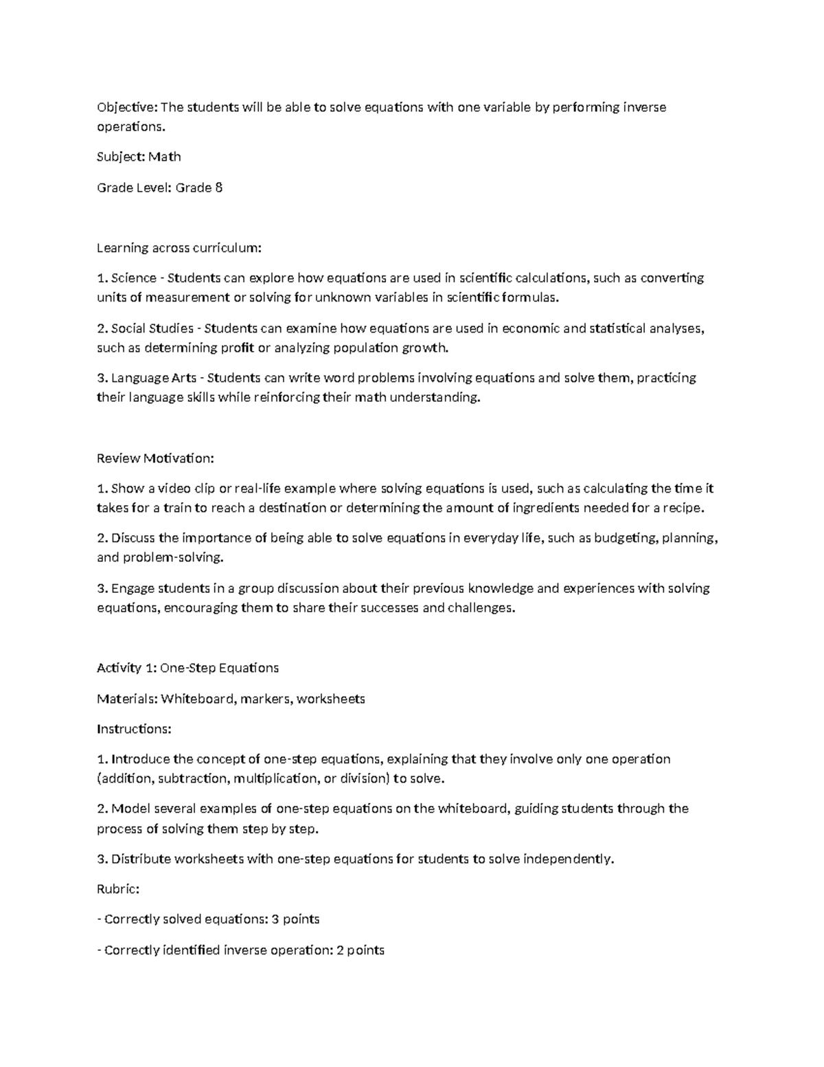 Grade 8 - Lesson Plan: Solving One, Two, and Multi-Step Equations - Studocu