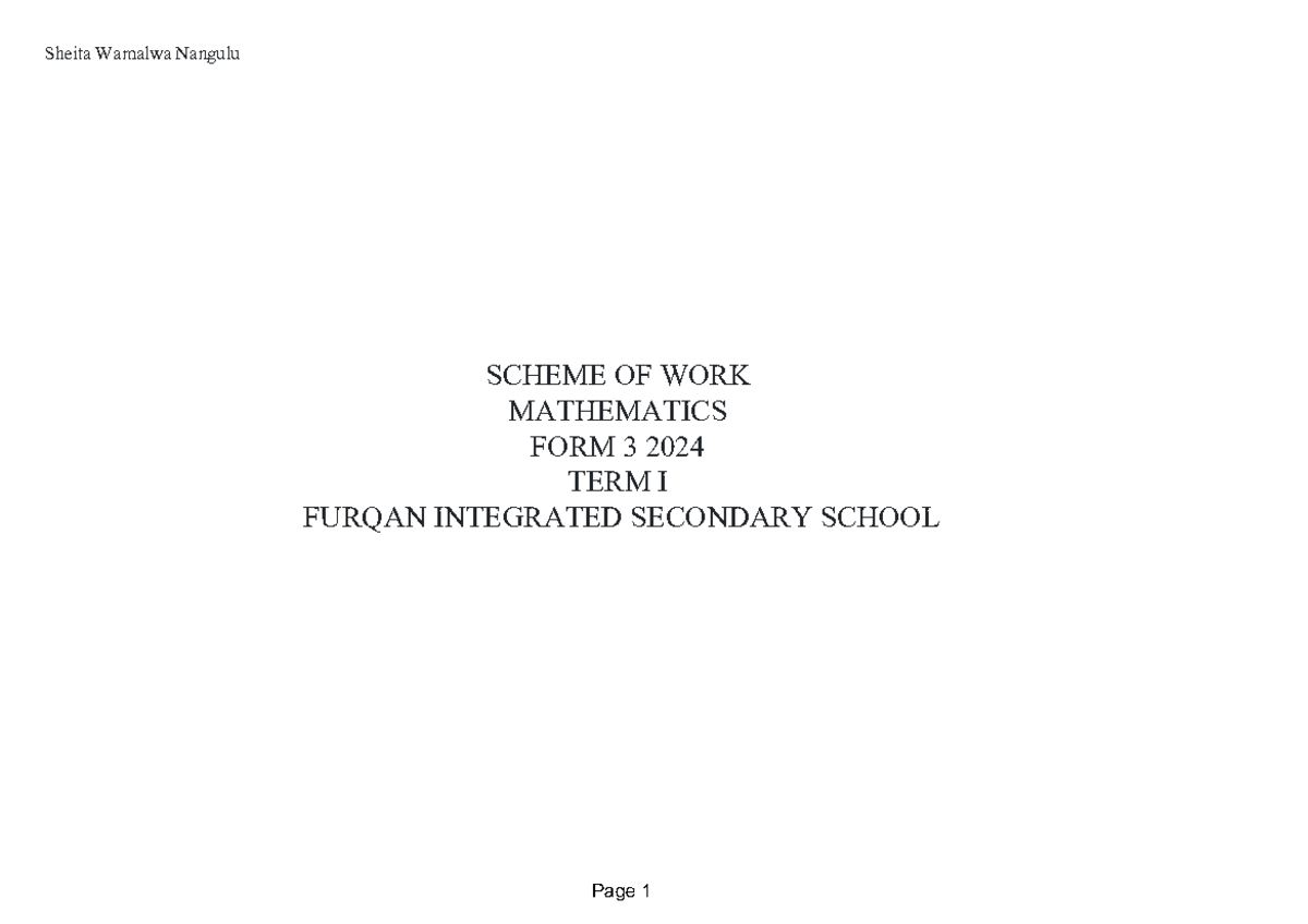 Mathematics Form 3 Term 1 Scheme of Work - 529653 - Studocu