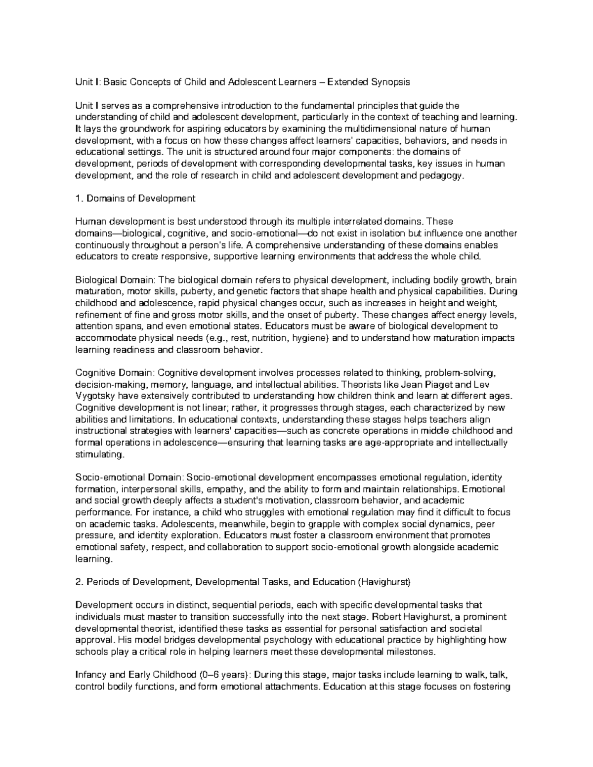 Unit I: Synopsis of Child & Adolescent Development Concepts - Studocu